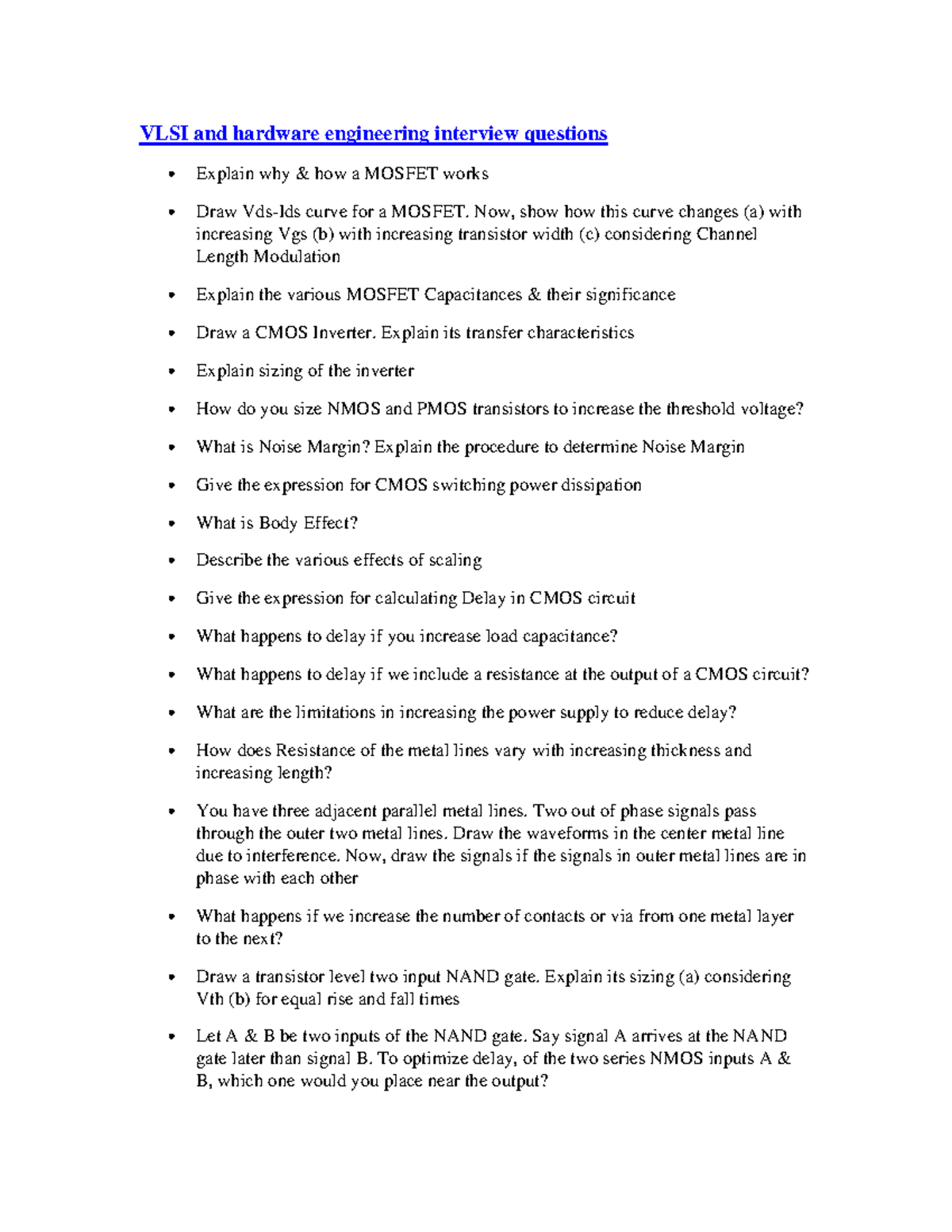 Vlsi Interview questions - VLSI and hardware engineering interview questions Explain why & how a ...