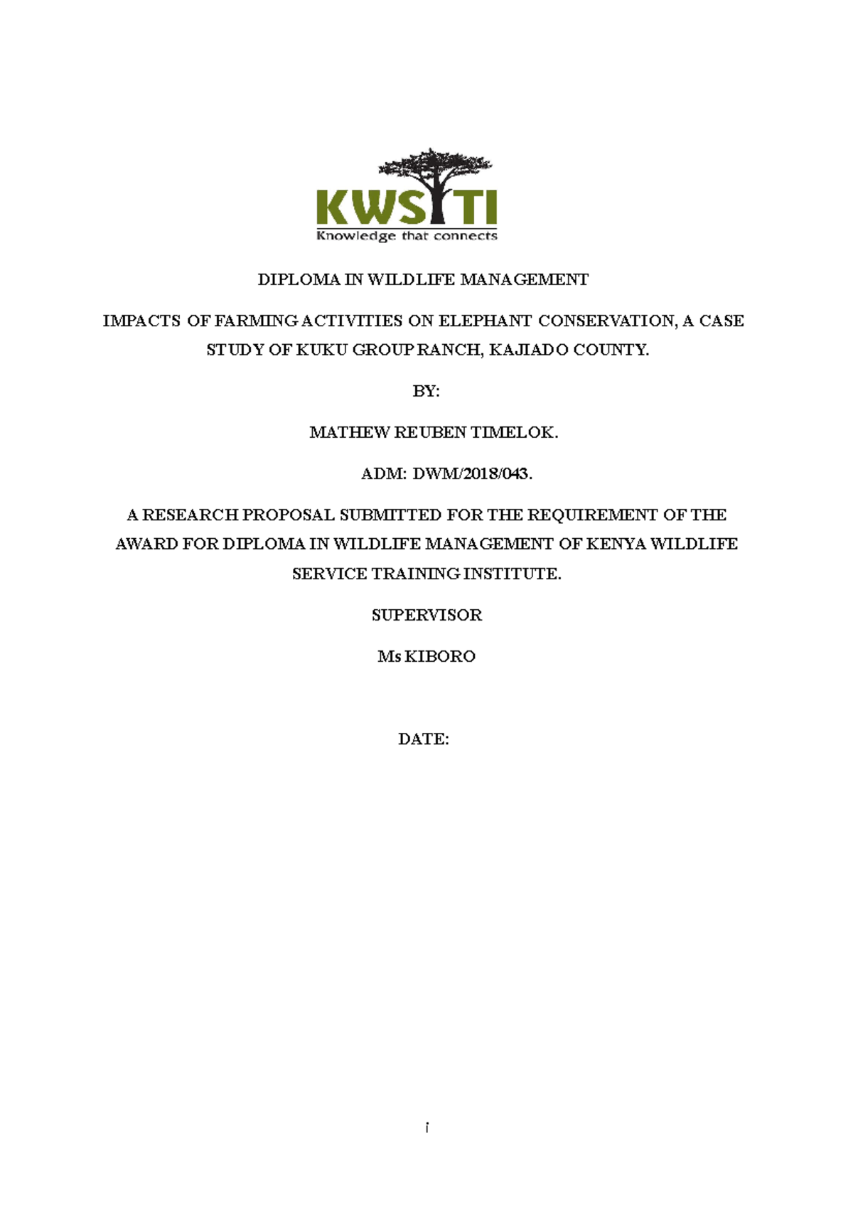 Reuben corrected PROP0SAL 2019 Redone 5 - DIPLOMA IN WILDLIFE ...