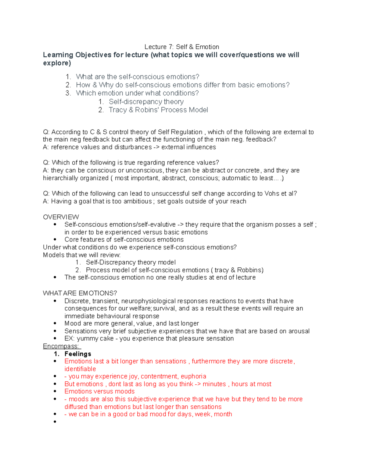 Lecture 7 - Lecture 7: Self & Emotion Learning Objectives for lecture (what topics we will - Studocu