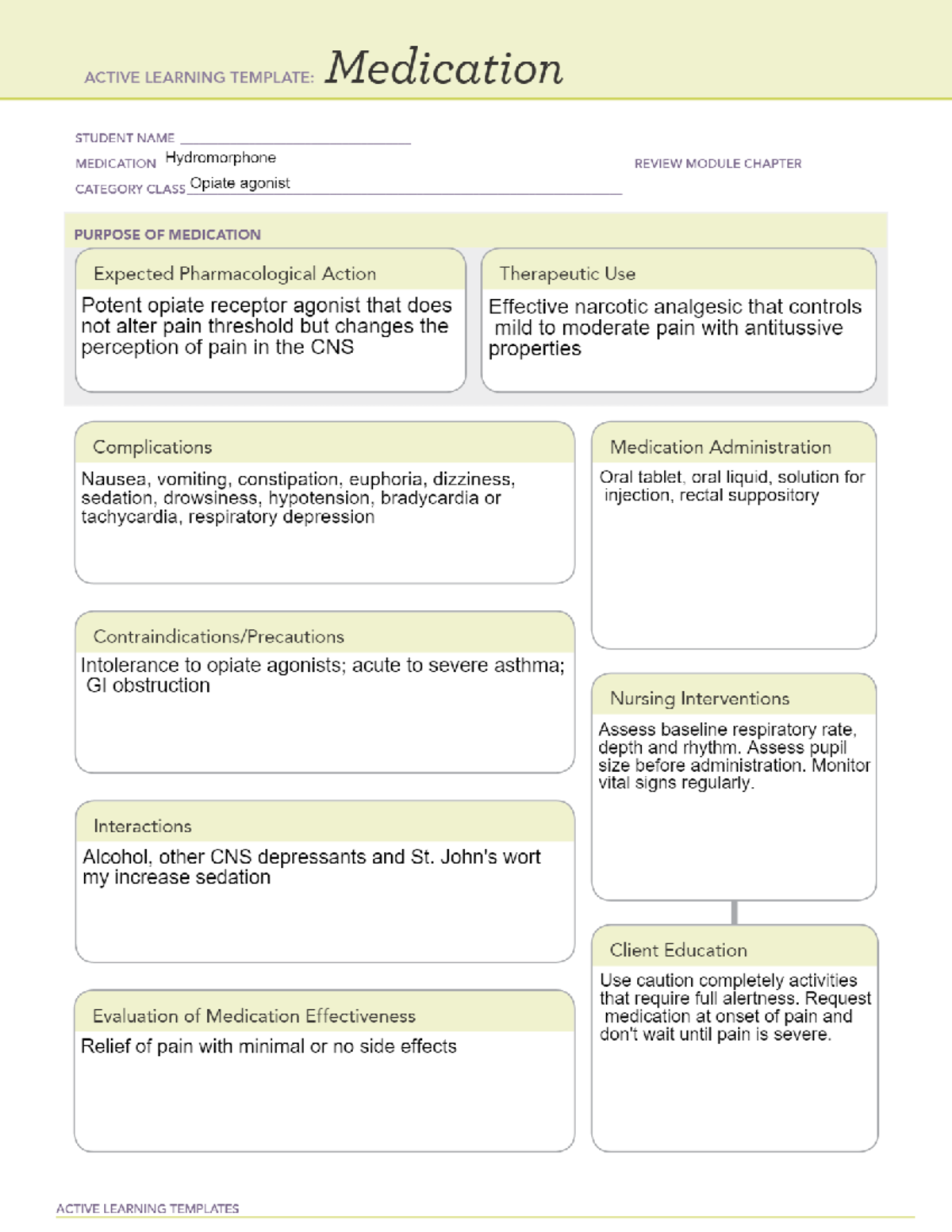 Hydromorphone Pharmacology Worksheet - NURSE 154 - OC - Studocu