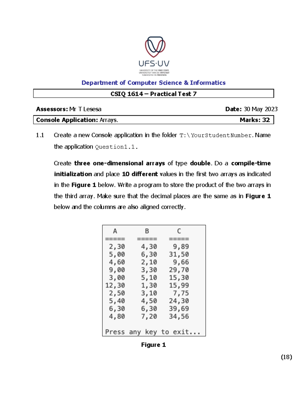 Practical Test 7- Arrays - Department of Computer Science & Informatics ...