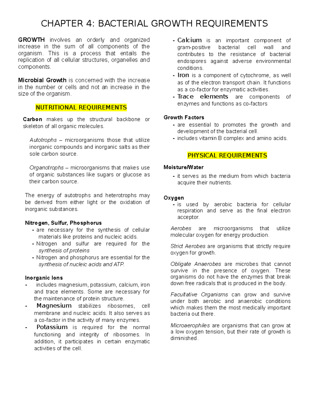 CHAPTER 4: BACTERIAL GROWTH REQUIREMENTS - CHAPTER 4: BACTERIAL GROWTH ...