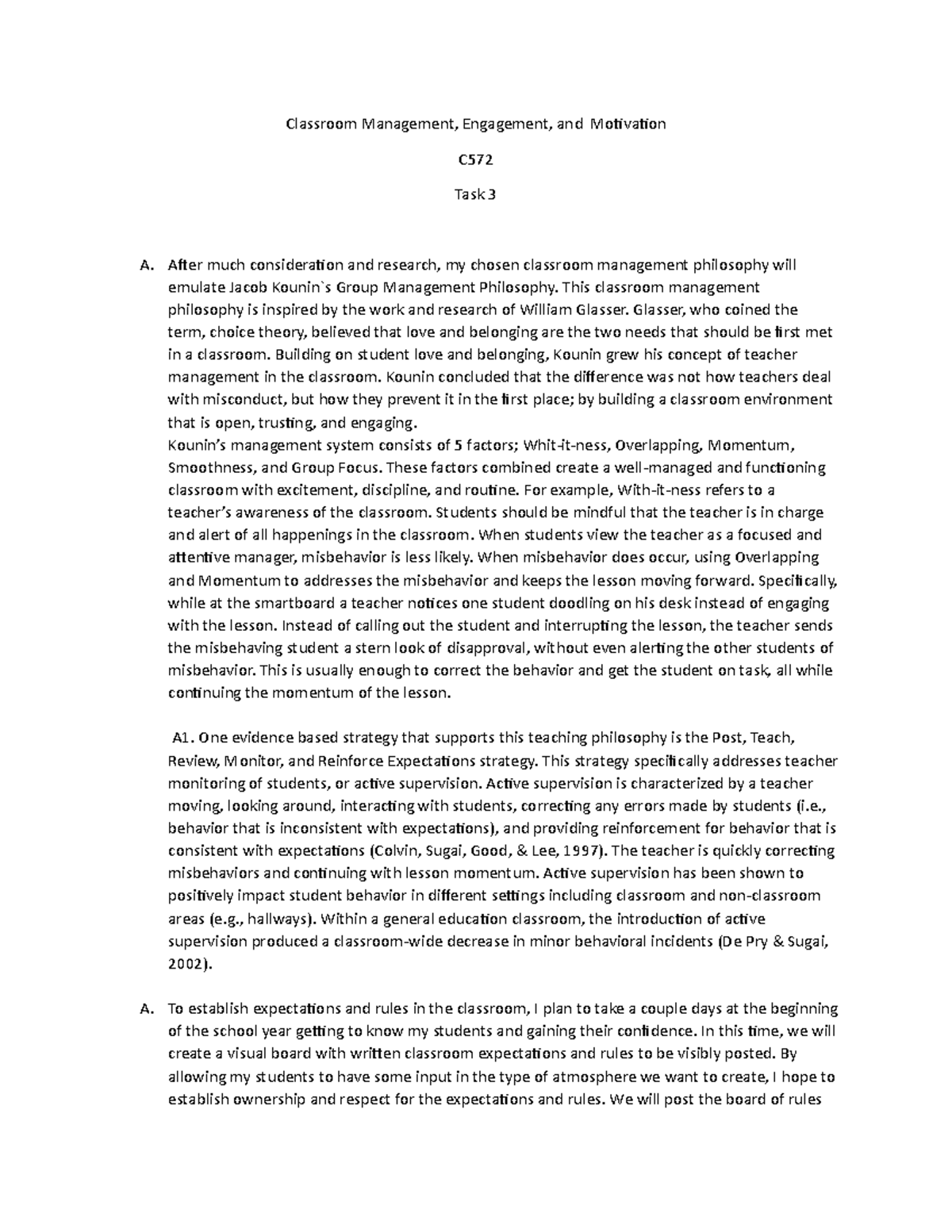 C572 task 3 - C572 - Classroom Management, Engagement, and Motivation C ...