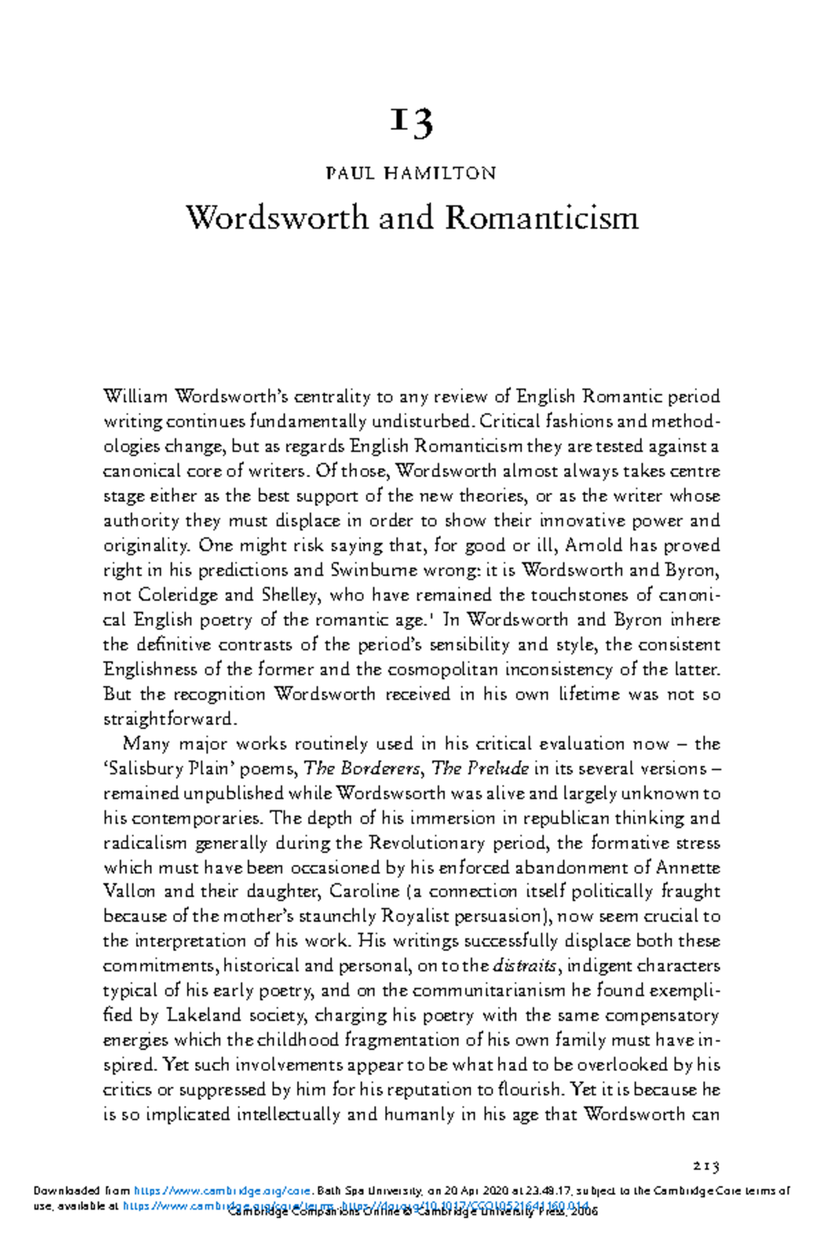 Wordsworth and romanticism - 13 PAUL HAMILTON Wordsworth and ...