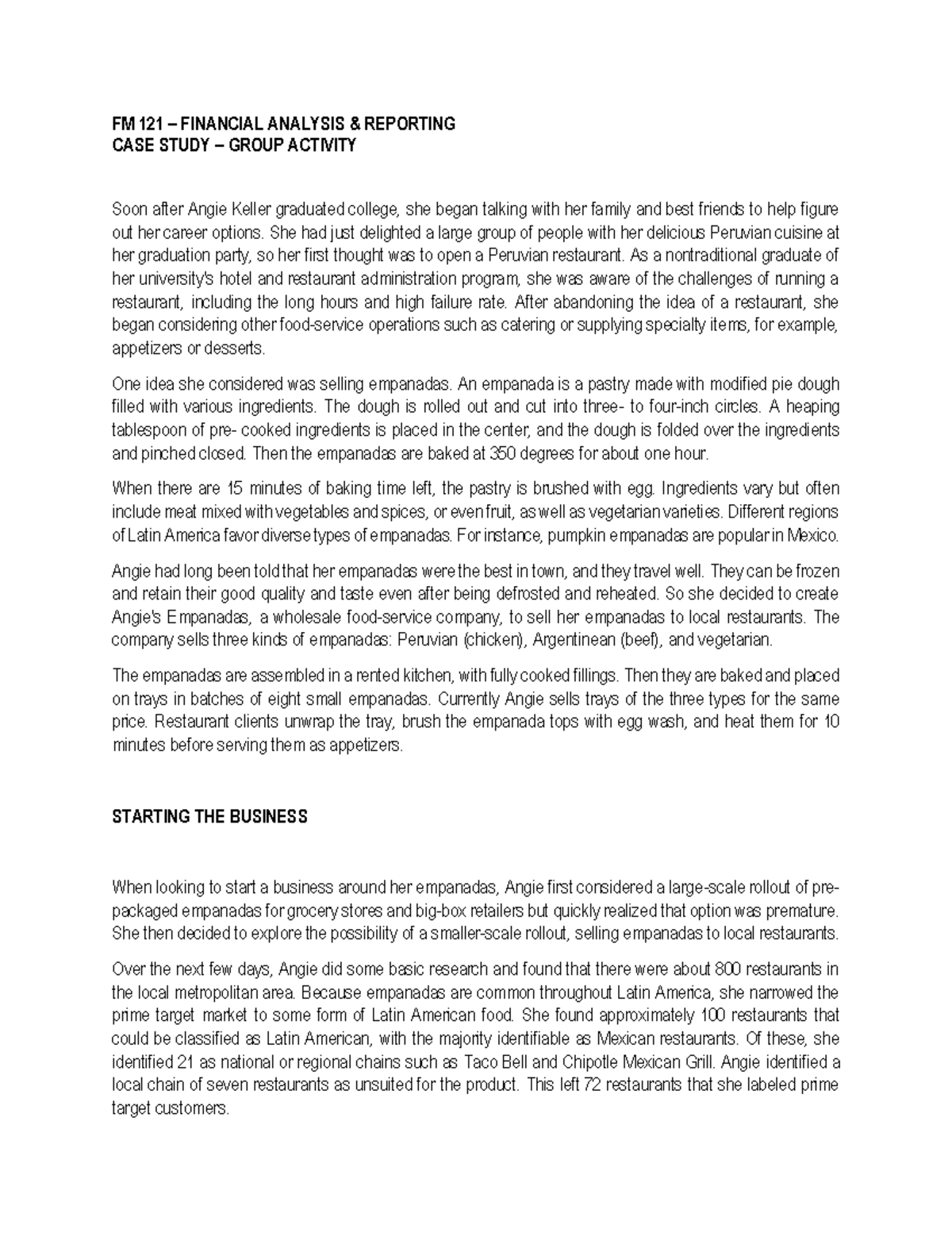 Case Study Angies Empanadas - FM 121 – FINANCIAL ANALYSIS & REPORTING ...