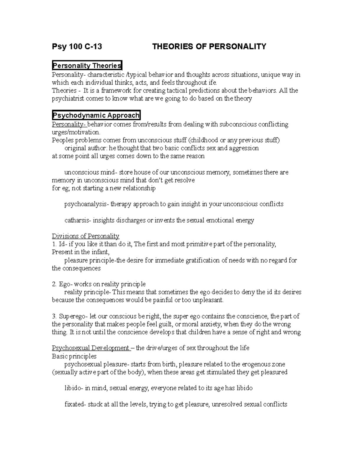 C-13 Personality Outline - Psy 100 C-13 THEORIES OF PERSONALITY ...