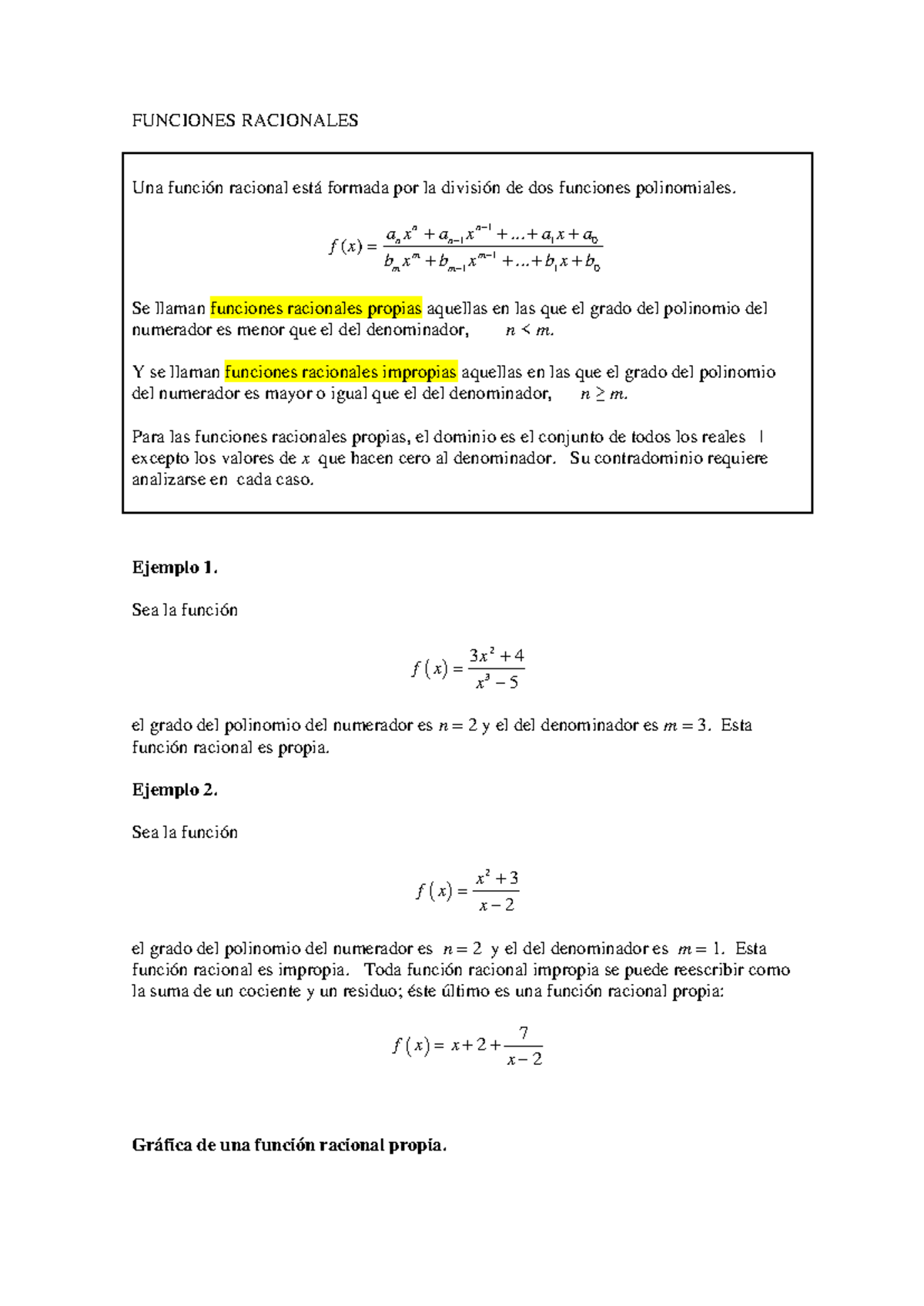 C1 fun racionales - xxxxxxxxxxxxxxxxxxxxx - FUNCIONES RACIONALES Una función racional está ...