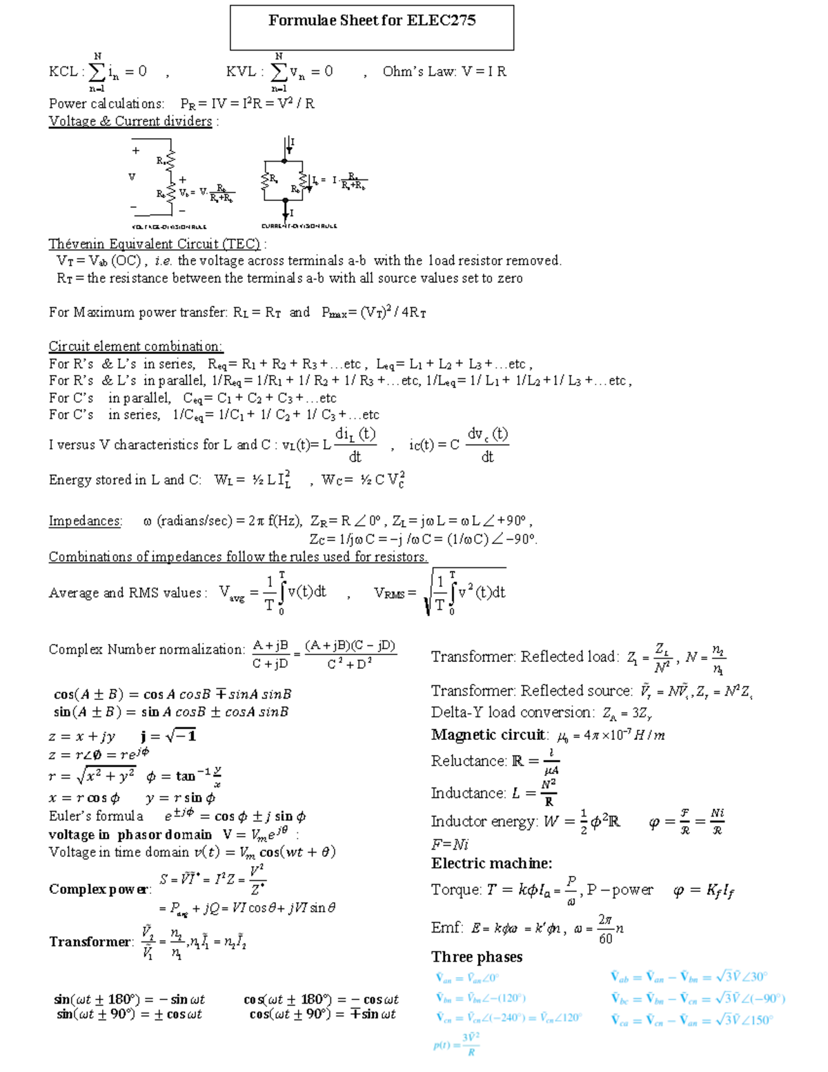 Formula sheet - KCL : = = N 1n n 0i , KVL : = = N 1n n 0v , Ohm9s Law ...