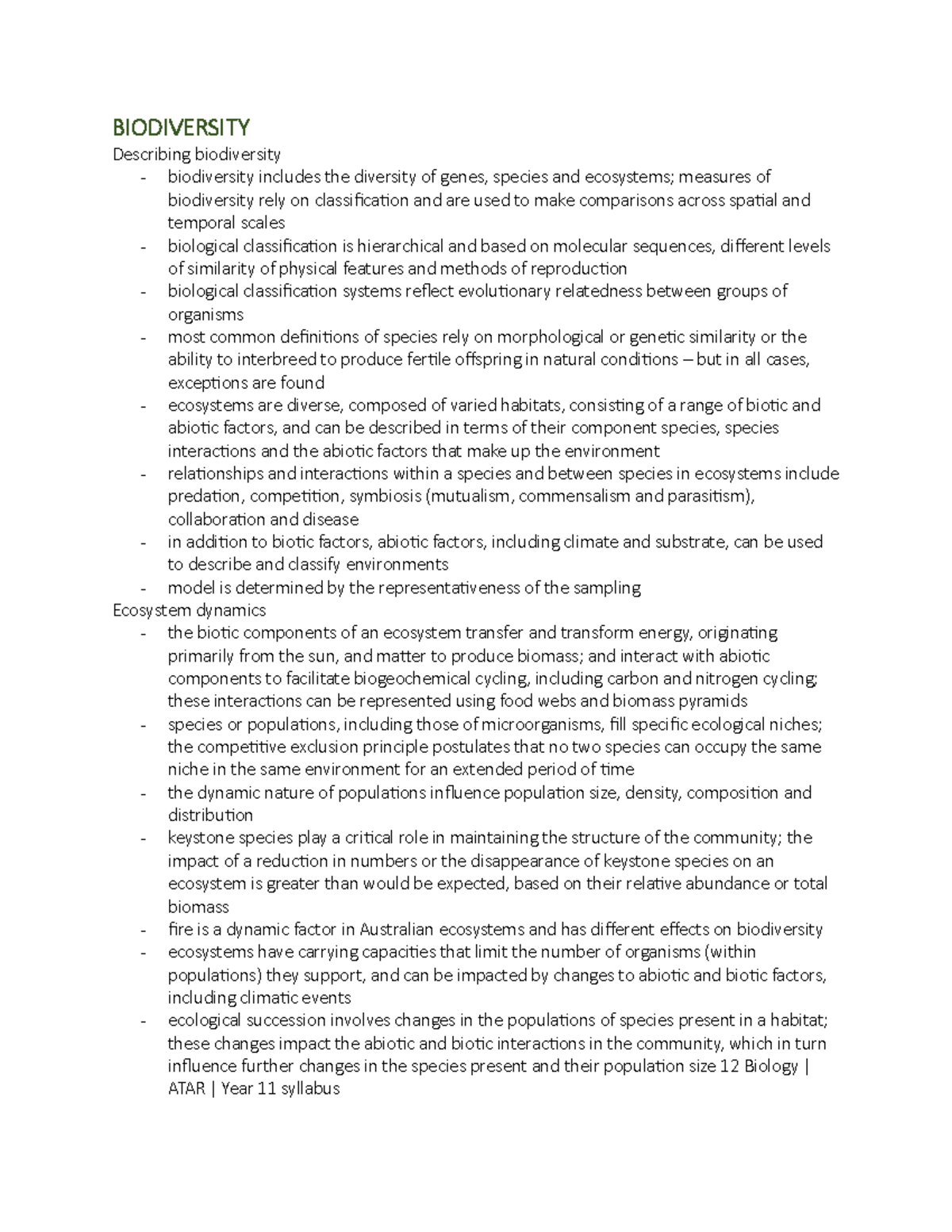 BIO sem1 - Summary notes - BIODIVERSITY Describing biodiversity ...