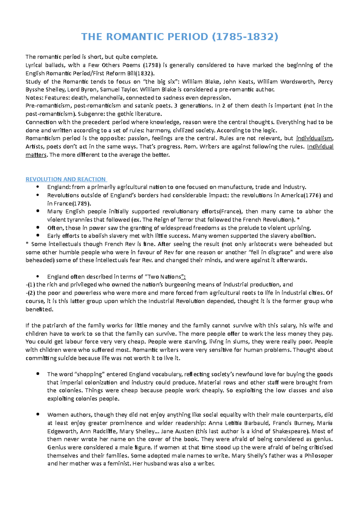The Romantic Period - THE ROMANTIC PERIOD (1785-1832) The romantic ...