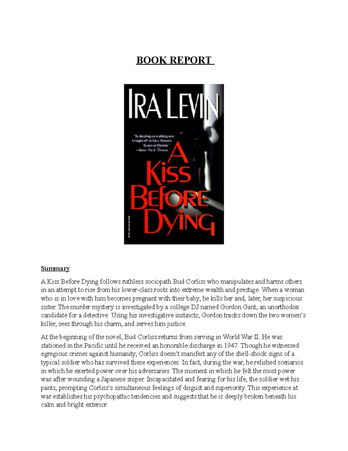 A Kiss Before Dying Book Report - BOOK REPORT Summary A Kiss Before ...