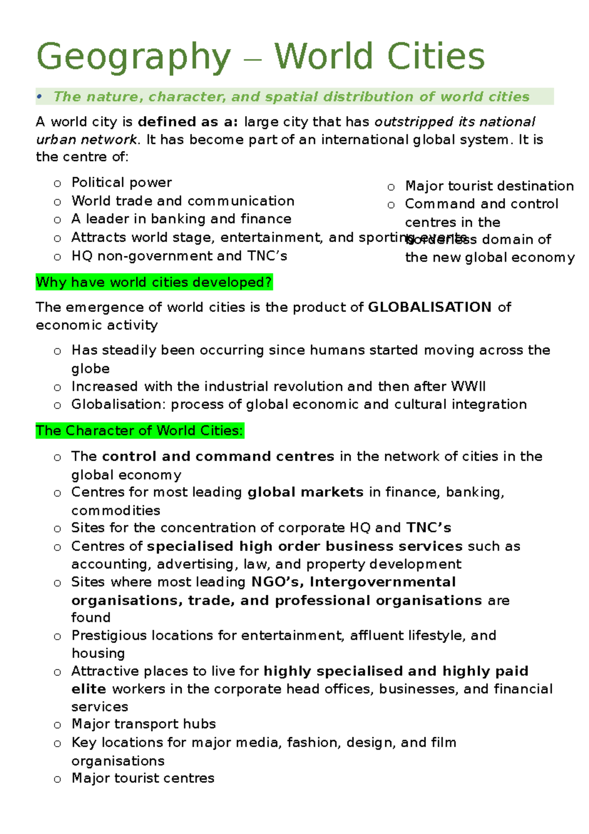 World cities notes (updated) - Geography – World Cities The nature ...