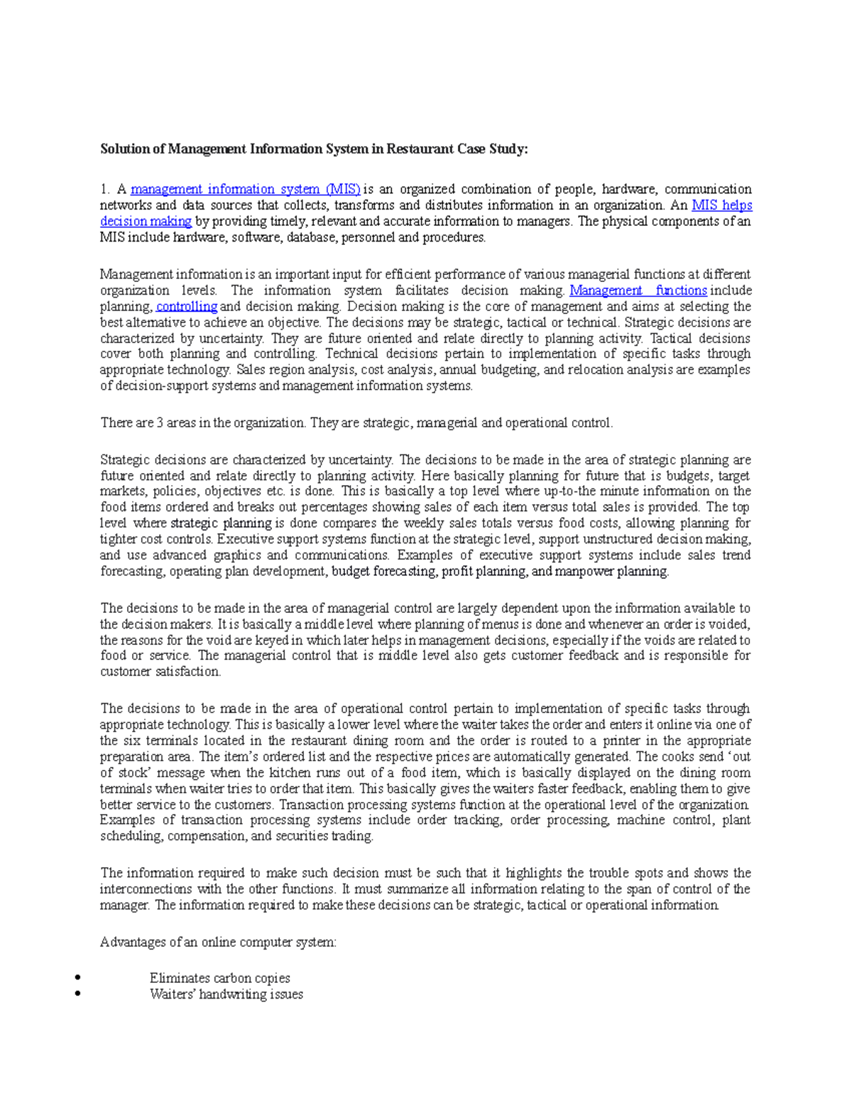Solution of Management Information System in Restaurant Case Study - An ...