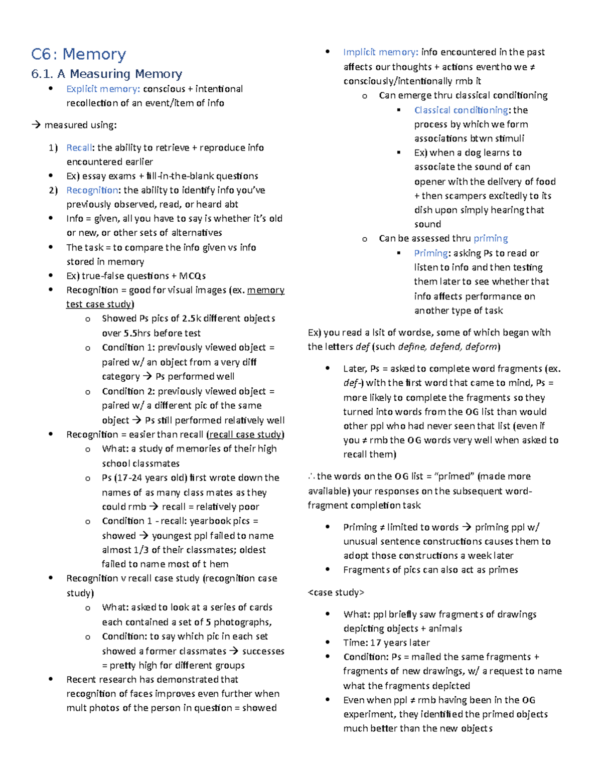 C6 notes - Prof. Lisa Shin and Prof. Sam Sommers - C6: Memory 6. A ...