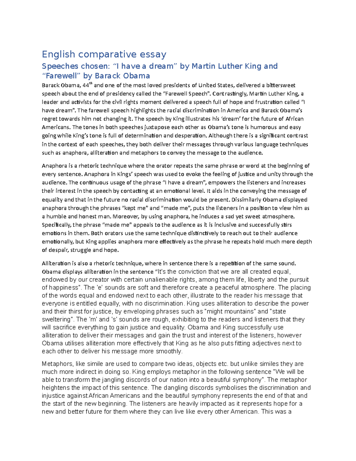 Oratos- comparison of speech - English comparative essay Speeches ...