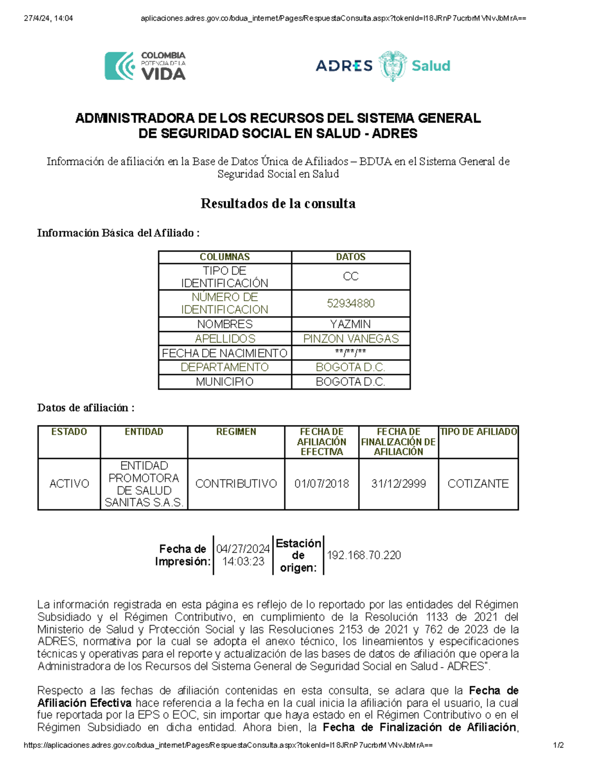 Adres - gracias - ADMINISTRADORA DE LOS RECURSOS DEL SISTEMA GENERAL DE ...