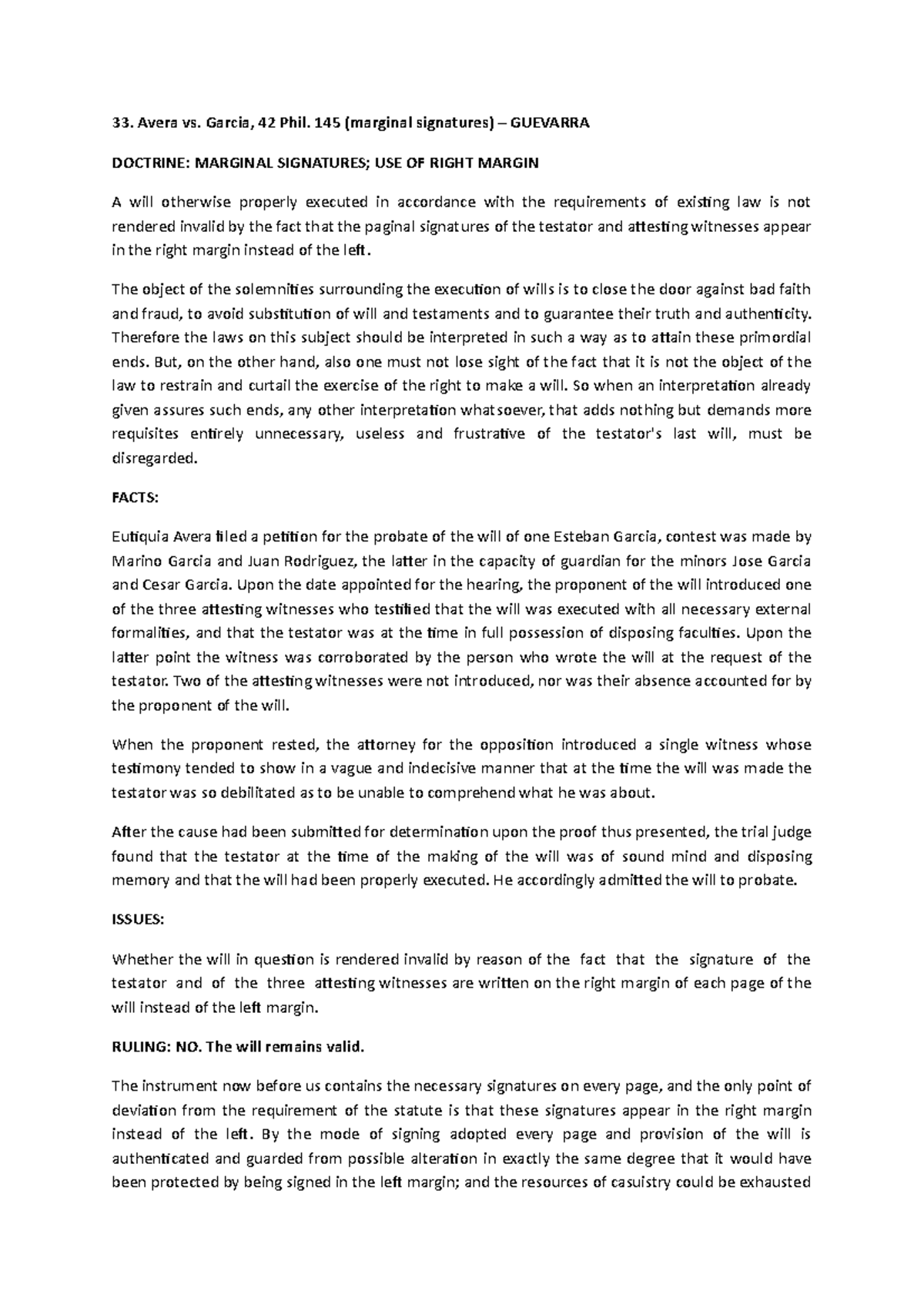 Assigned Cases Guevarra - 33. Avera vs. Garcia, 42 Phil. 145 (marginal ...