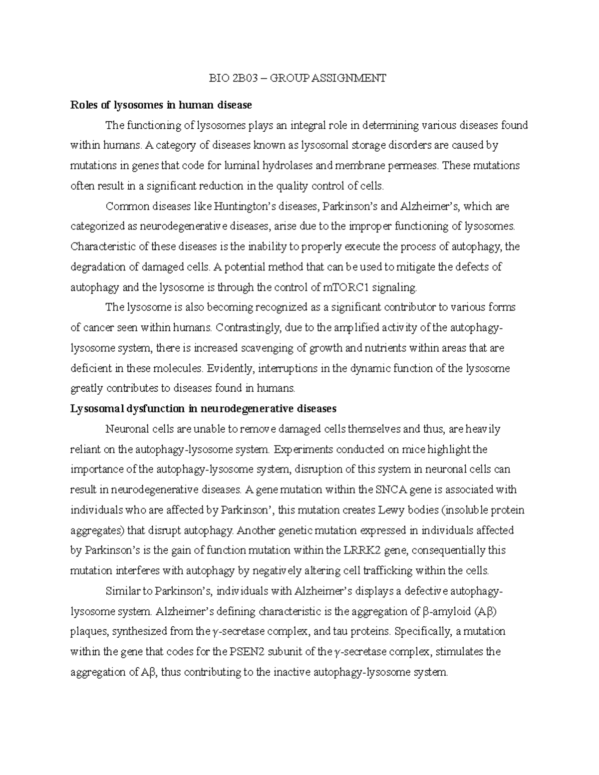 BIO 2B03 - Group Project - BIO 2B03 – GROUP ASSIGNMENT Roles of ...