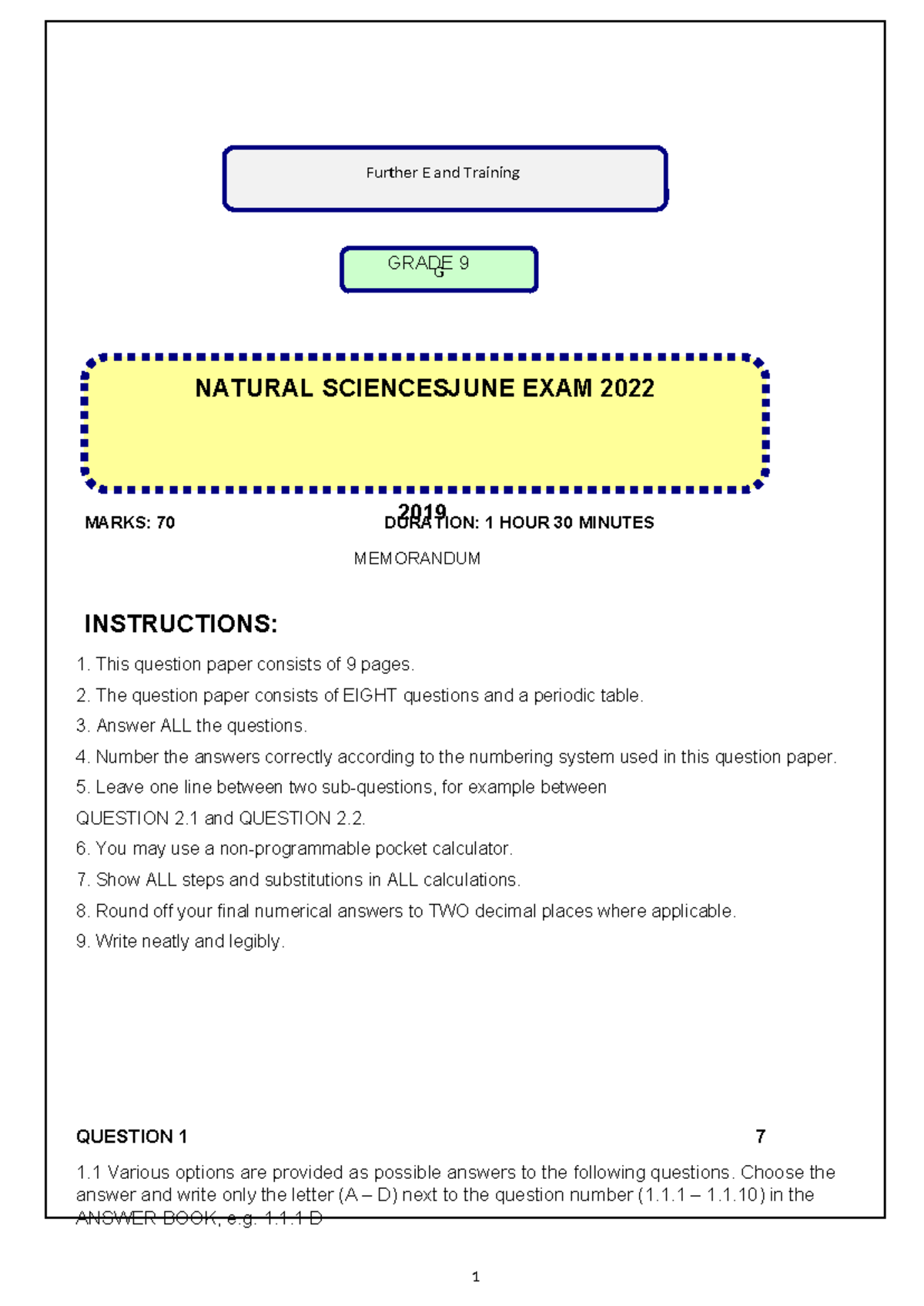 Grade 9NSJunetestmemo - MARKS: 70 DURATION: 1 HOUR 30 MINUTES ...