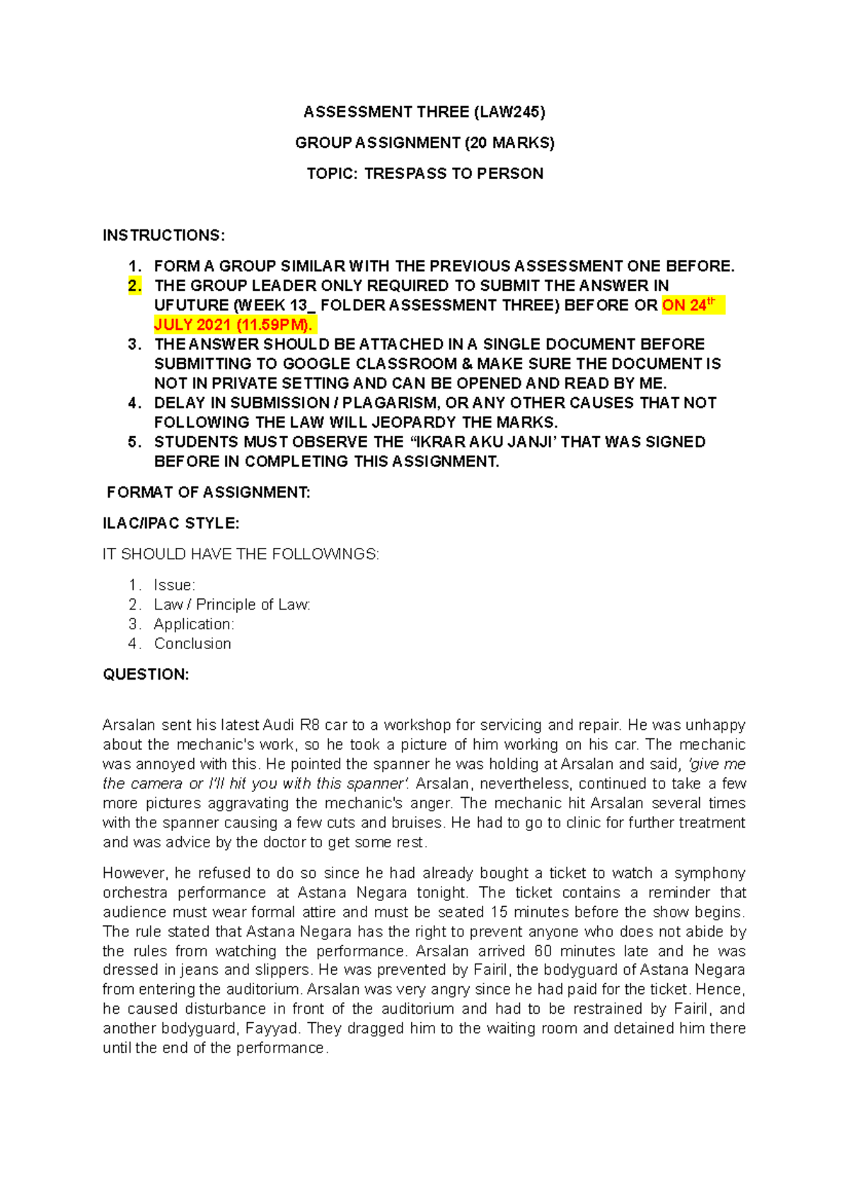 Assessment Three ( Group Assignment) - ASSESSMENT THREE (LAW245) GROUP ...