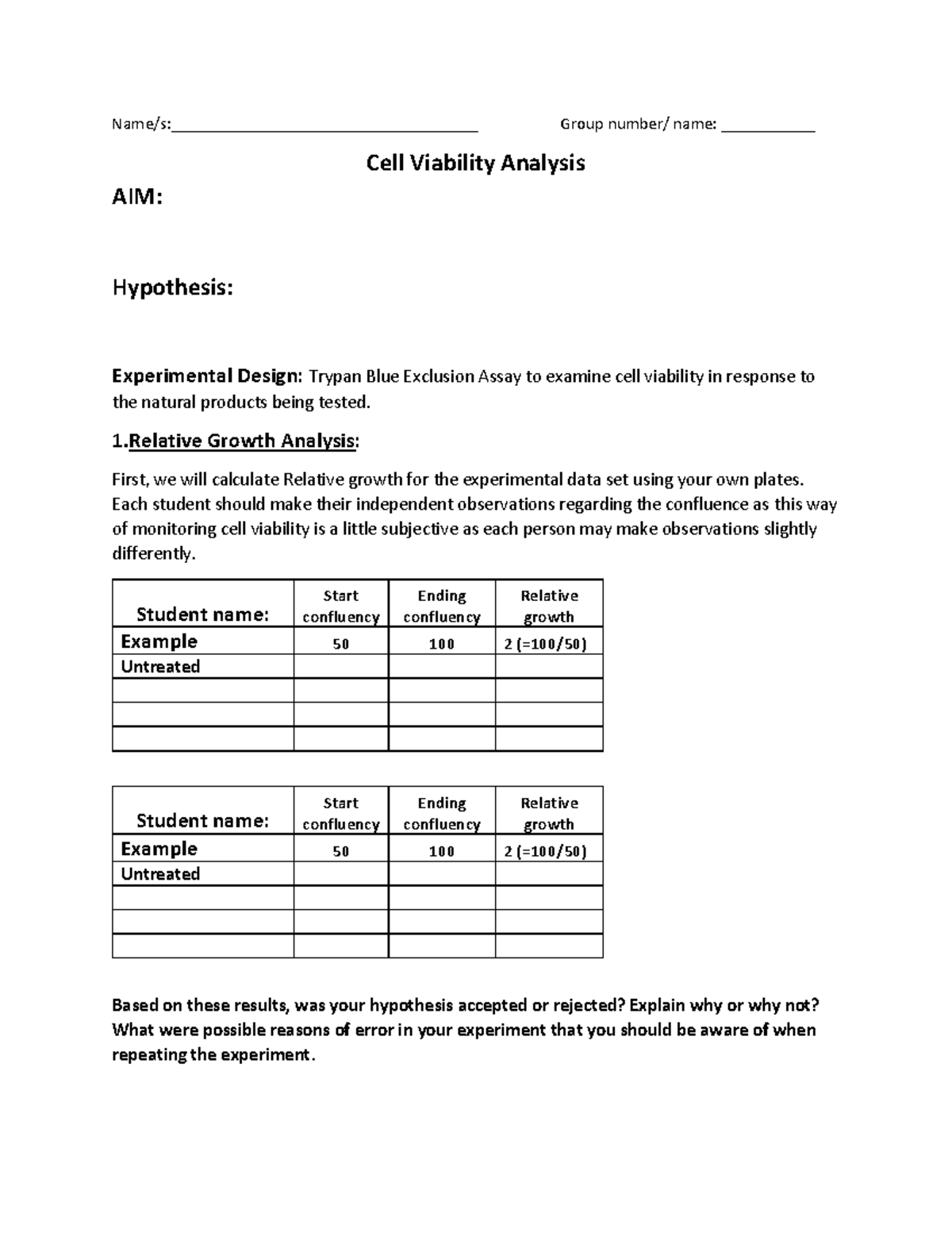 Cell Viability Analysis Worksheet - Name/s ...