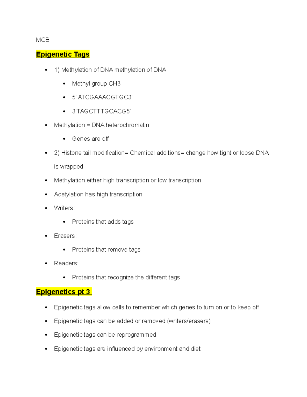 MCB DAY 17 - Epigenetic Tags - MCB Epigenetic Tags 1) Methylation of ...