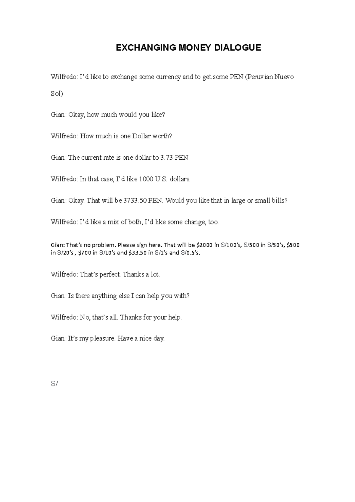 Exchanging Money Dialogues (1) (2) - EXCHANGING MONEY DIALOGUE Wilfredo ...