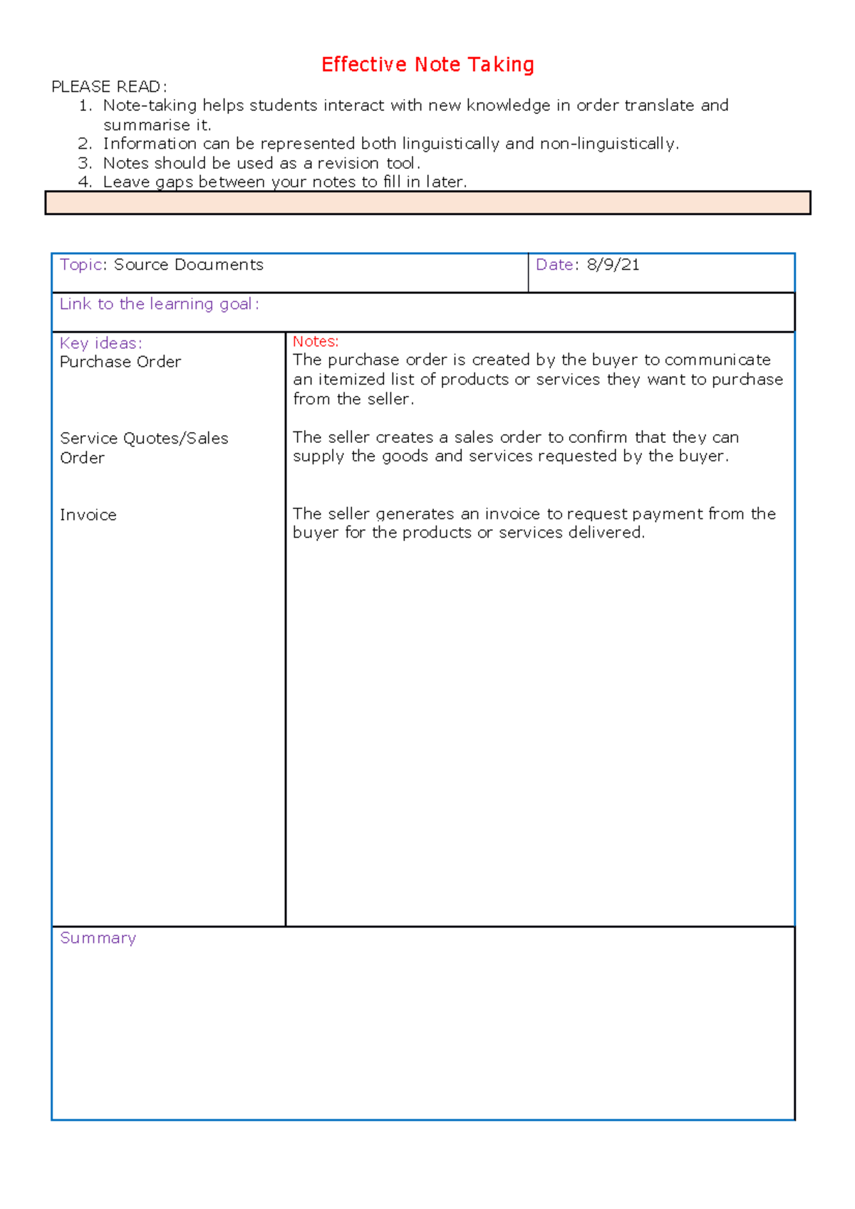 Cornell note template - notes - Effective Note Taking PLEASE READ:1 ...