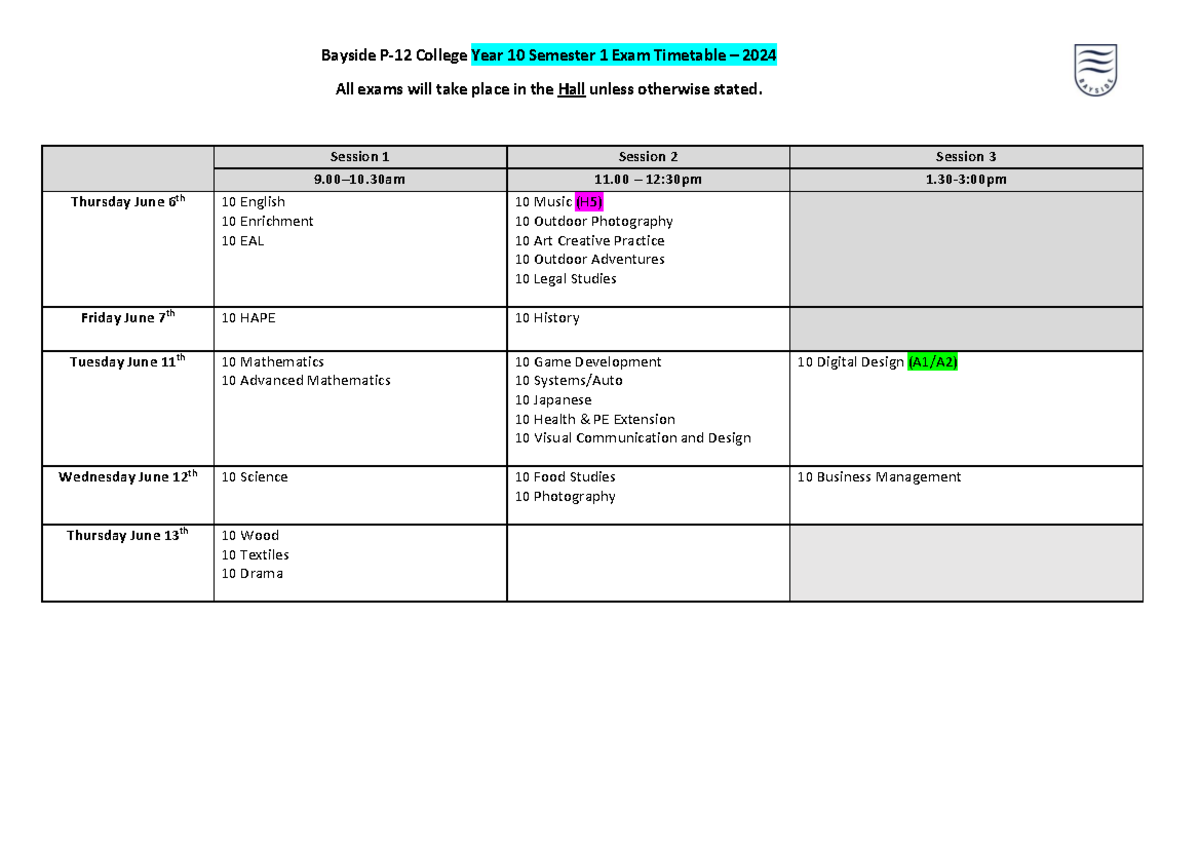 Sem 1 Exams 2024 student - Bayside P-12 College Year 1 0 Semester 1 ...