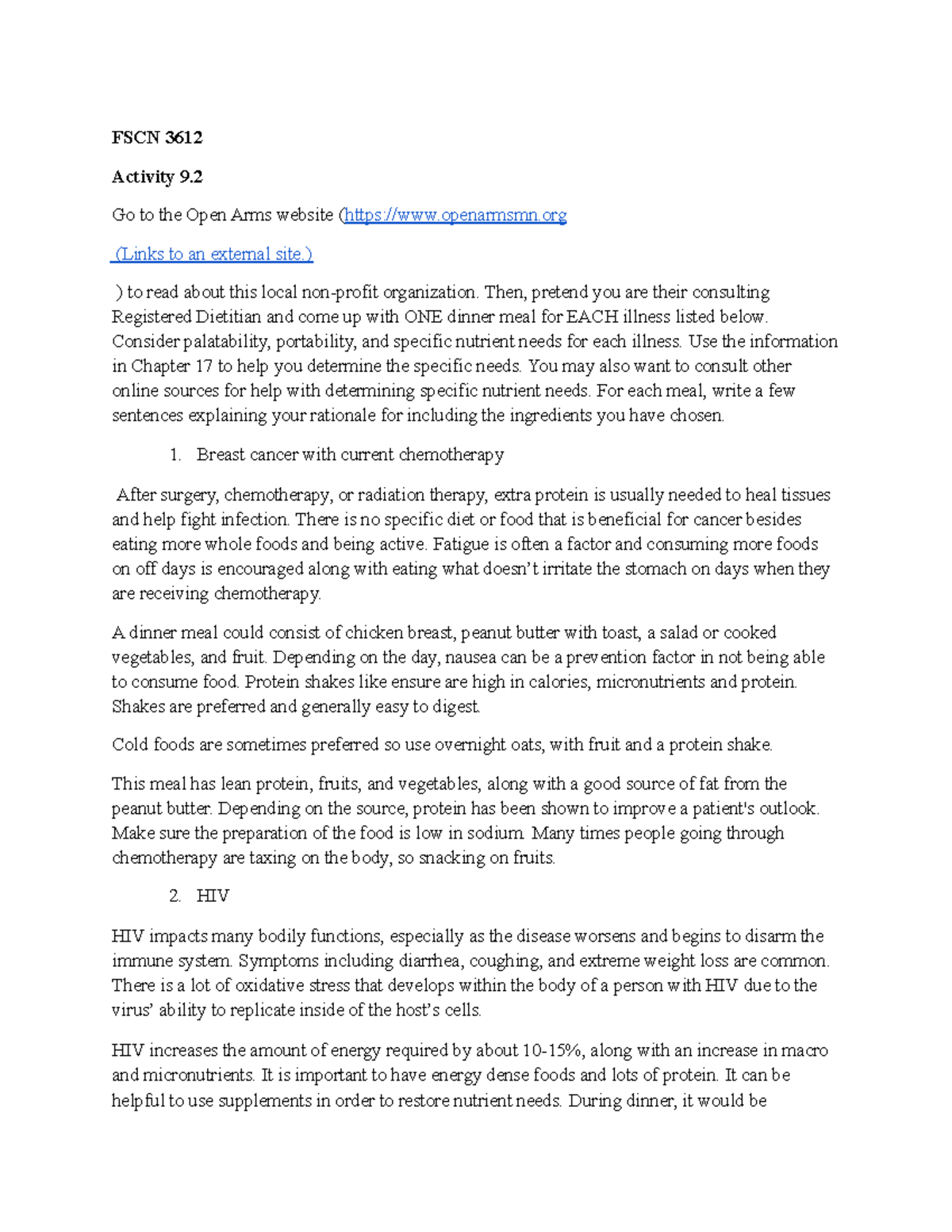 3612 Activity 9.2 - FSCN 3612 Activity 9. Go to the Open Arms website ...