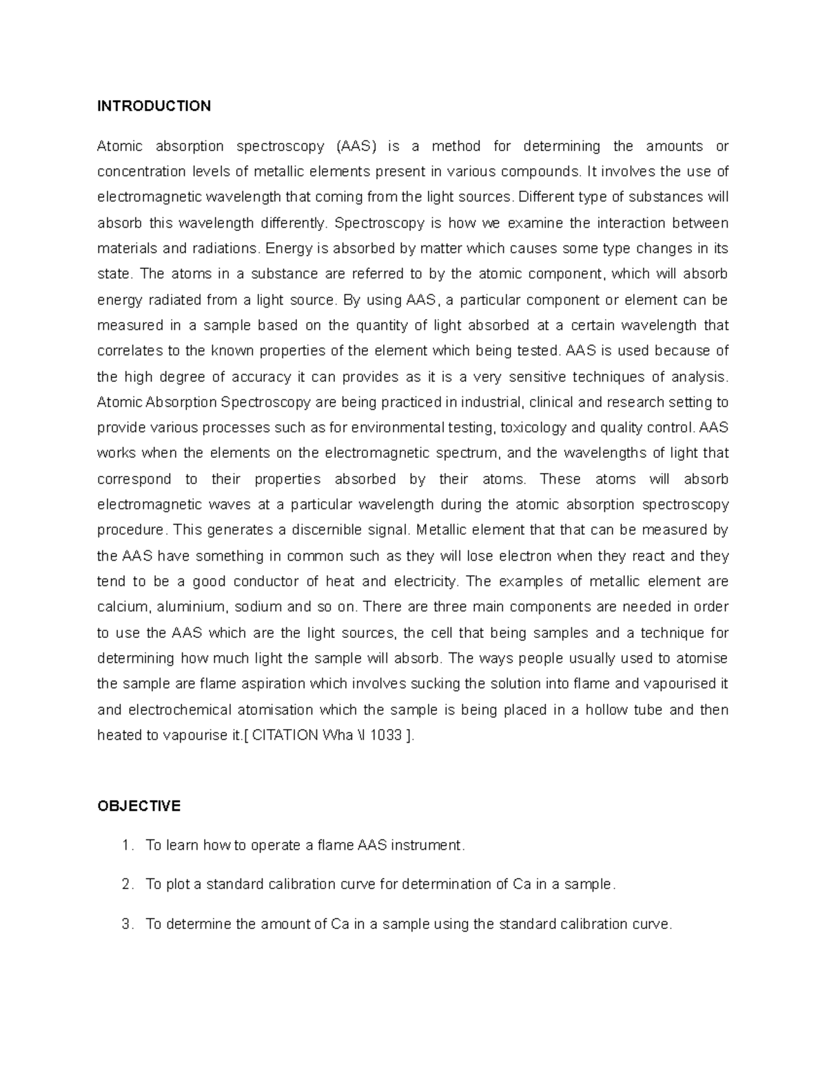 Lab chm260 exp 4 - INTRODUCTION Atomic absorption spectroscopy (AAS) is ...