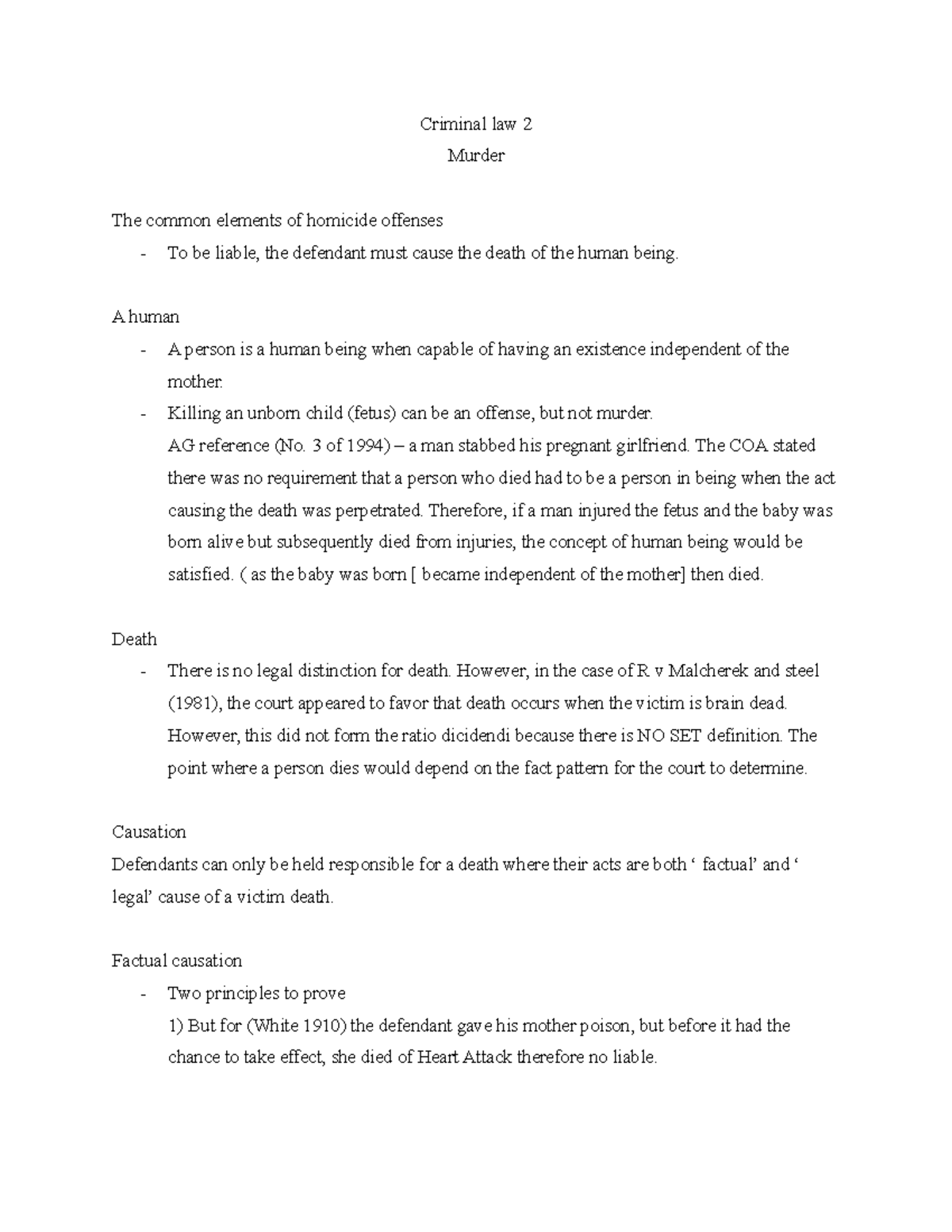 Criminal law 2 - Murder - Notes - Criminal law 2 Murder The common ...