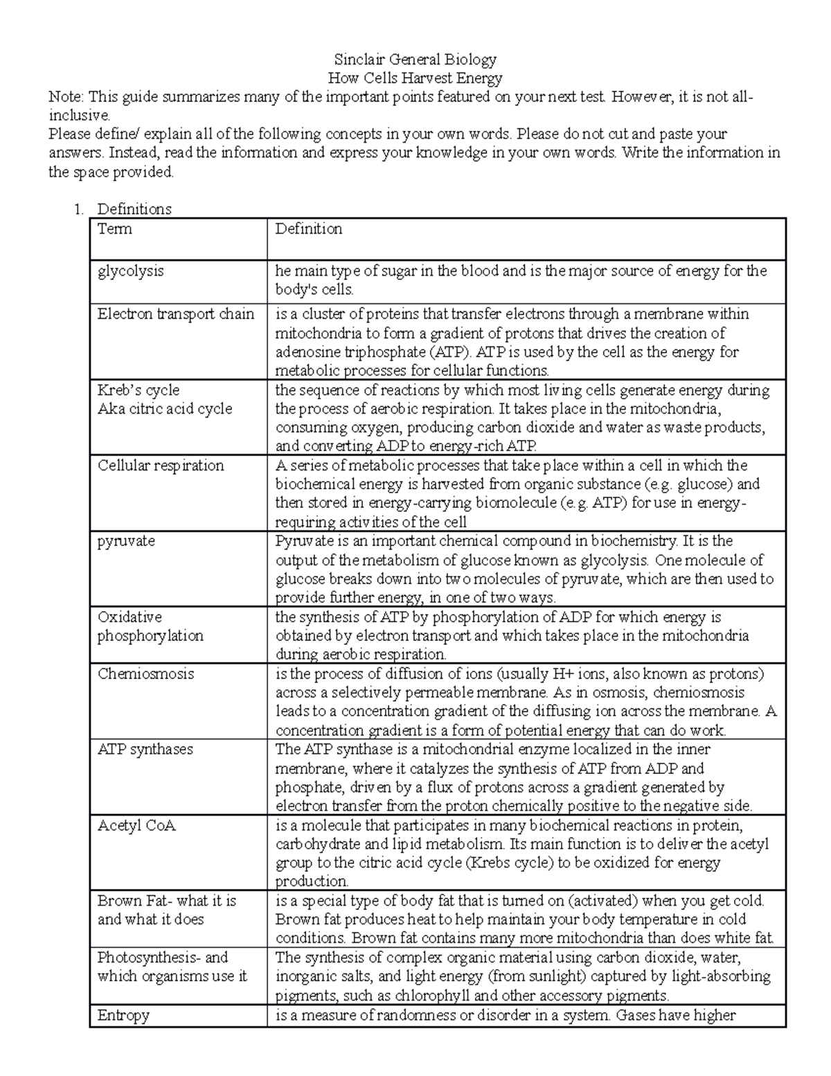 Sinclair general biology How cells harvest energy guide-1 - Sinclair ...
