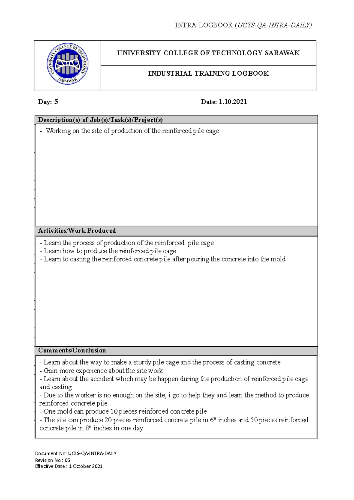 UCTS Student Logbook day 5 - INTRA LOGBOOK ( UCTS-QA-INTRA-DAILY ...