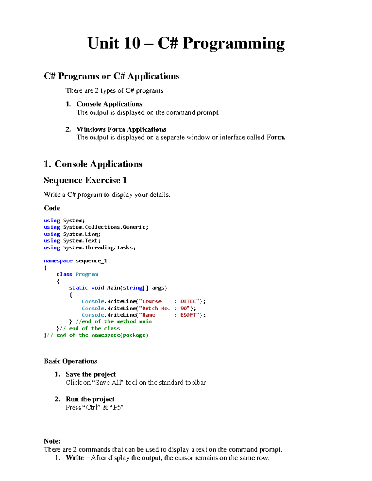 C# Note finalized - Study works - Unit 10 – C# Programming C# Programs ...