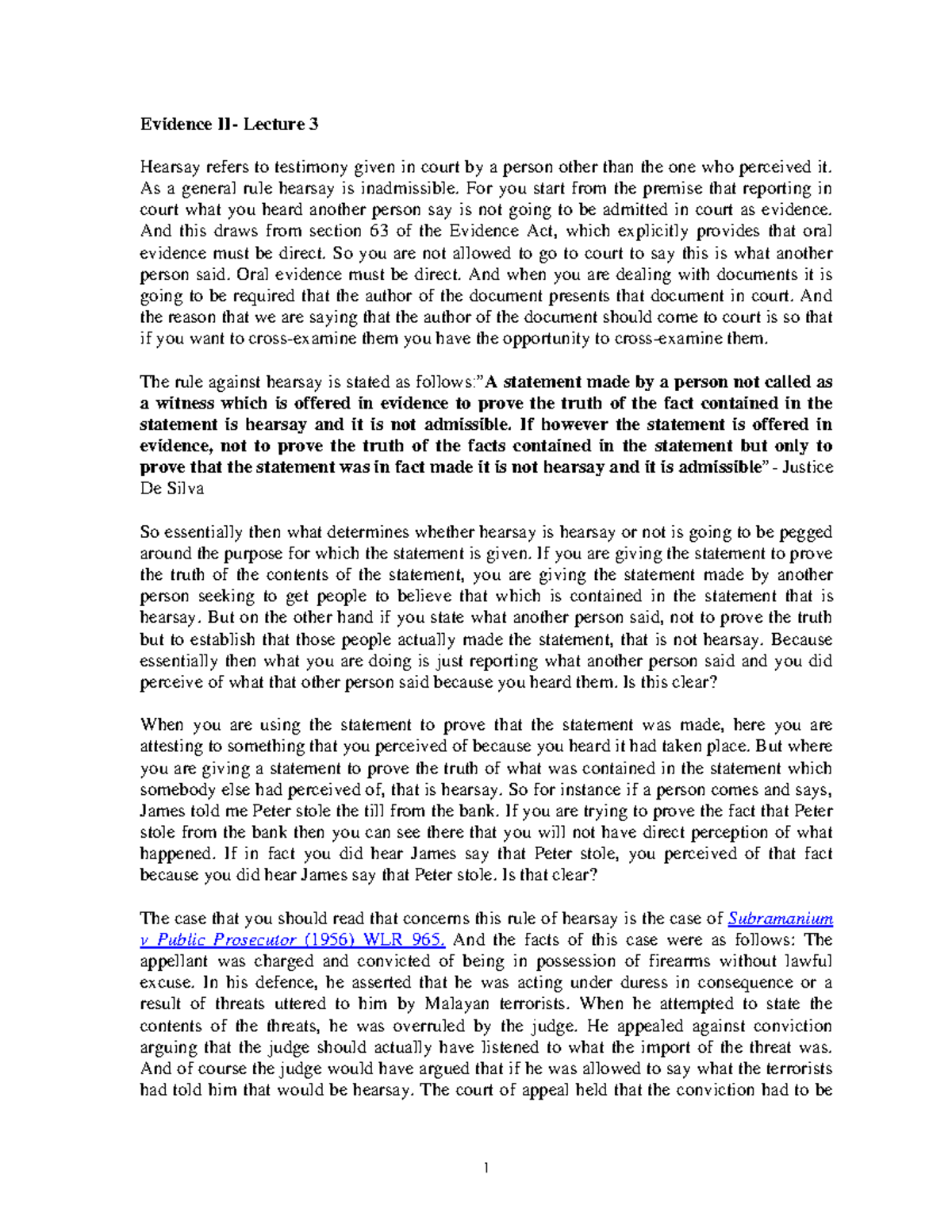 Hearsay Evidence - Evidence II- Lecture 3 Hearsay refers to testimony ...