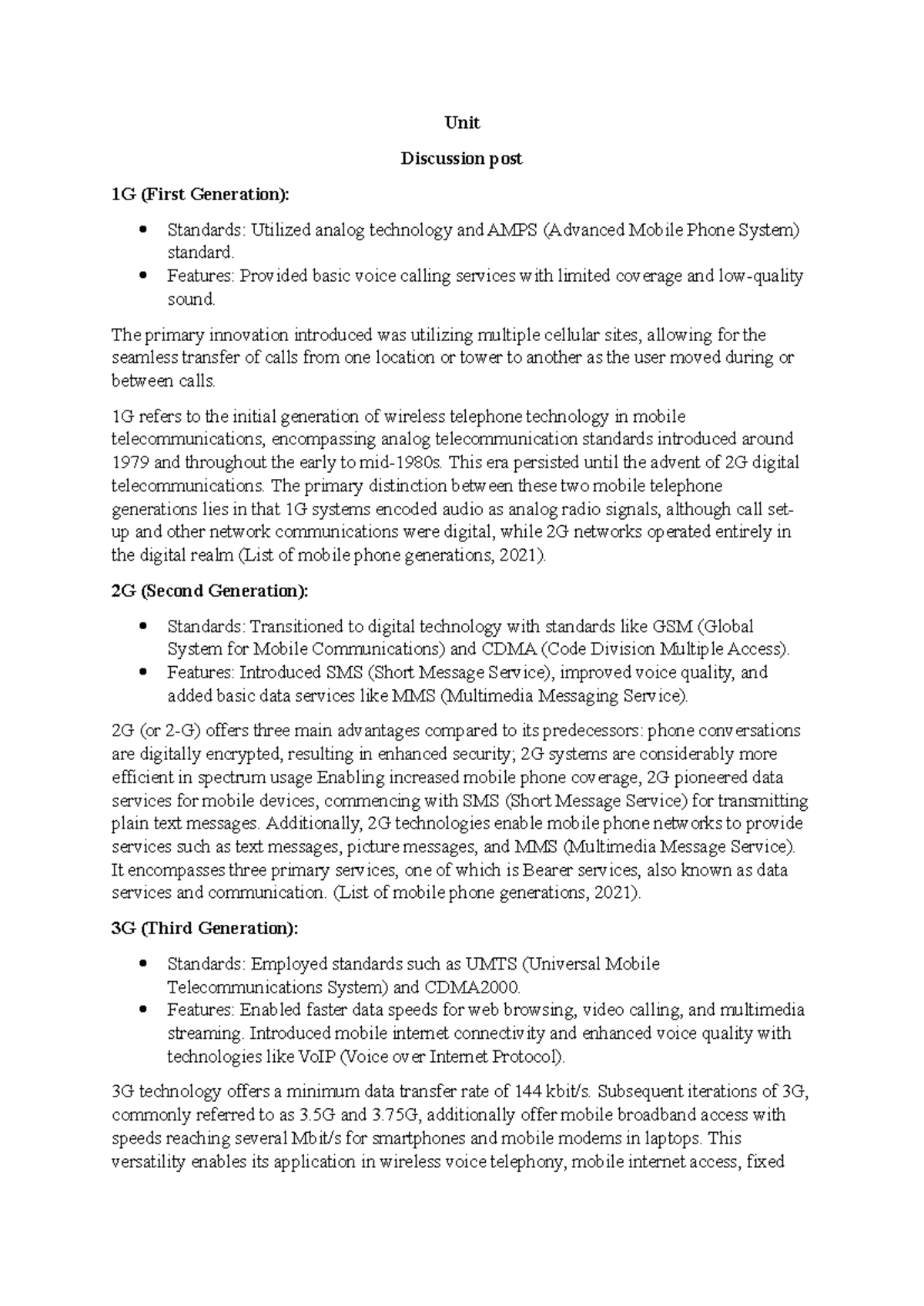 Discussion For unit 4 - Unit Discussion post 1G (First Generation ...