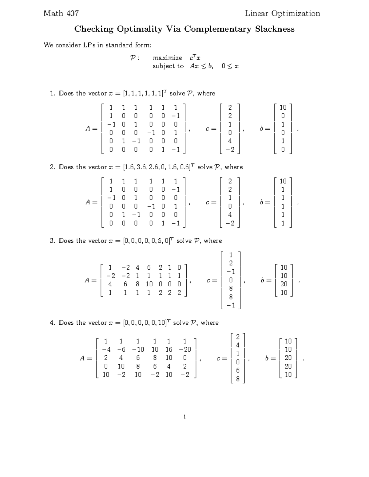 Cs Homework Math 407 Linear Optimization Checking Optimality Via
