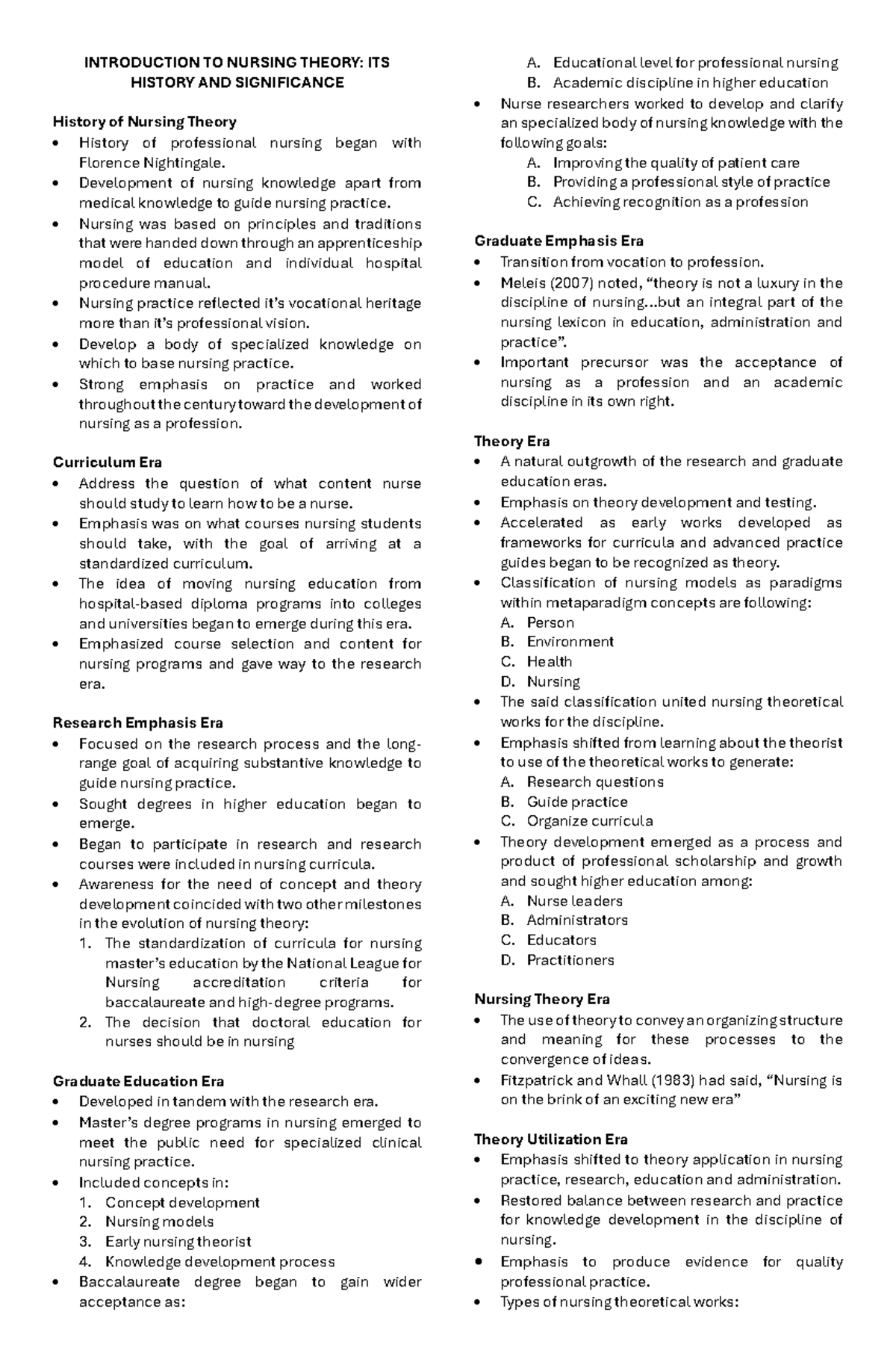 TFN prelim reviewer - Summary Theoretical foundations of nursing ...