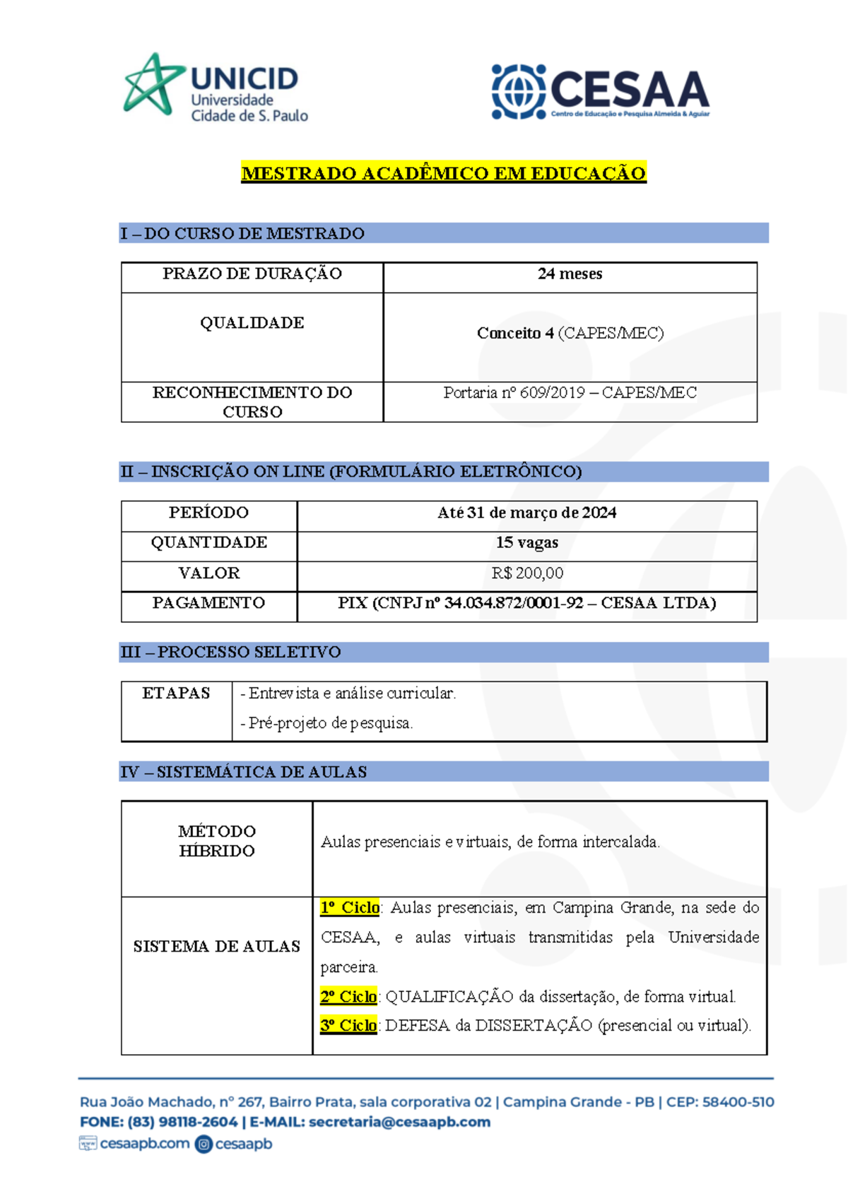 Informativo Mestrado academico Educacao Unicid Cesaa - MESTRADO ...