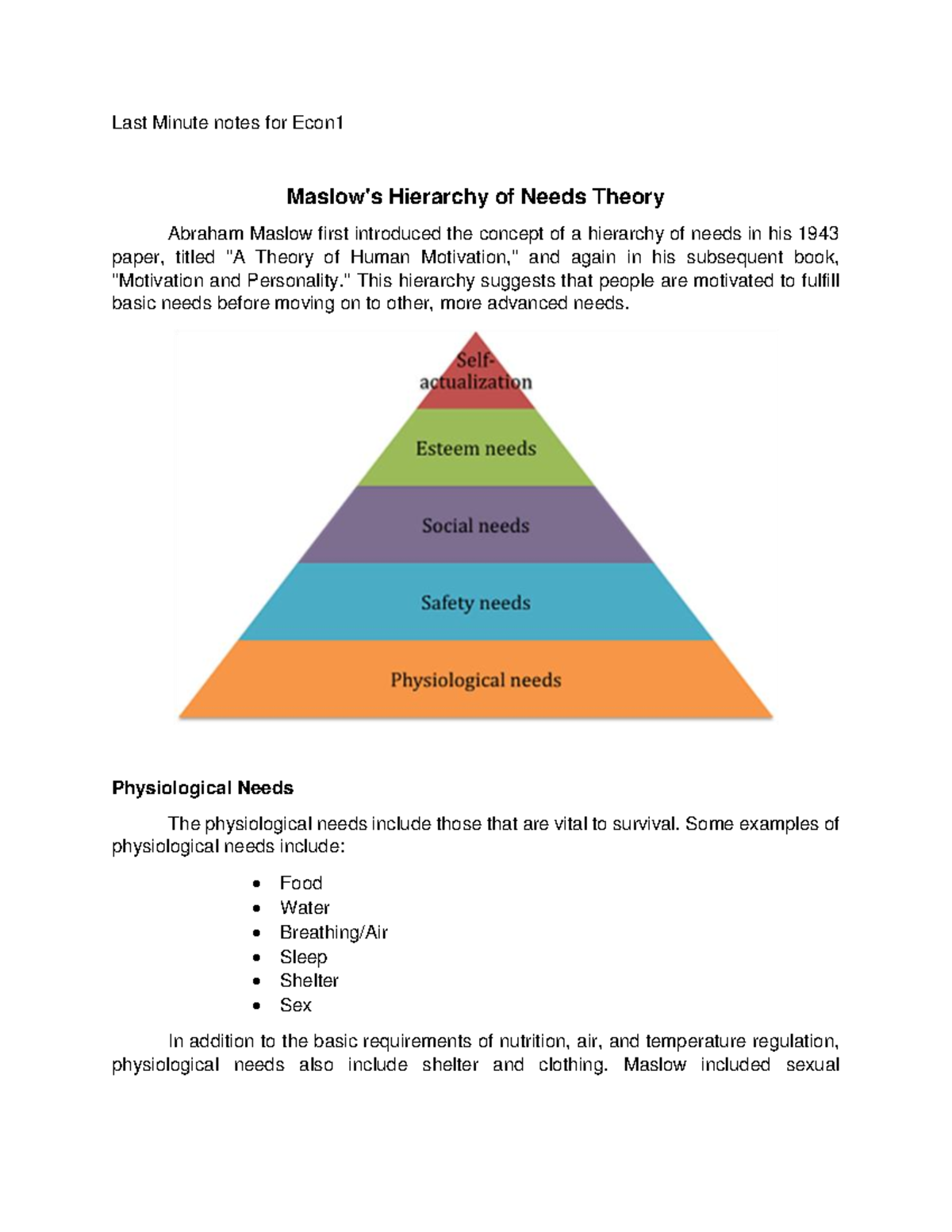 Econ1 lec08ge92b2iejendndnd - Last Minute notes for Econ Maslow's ...