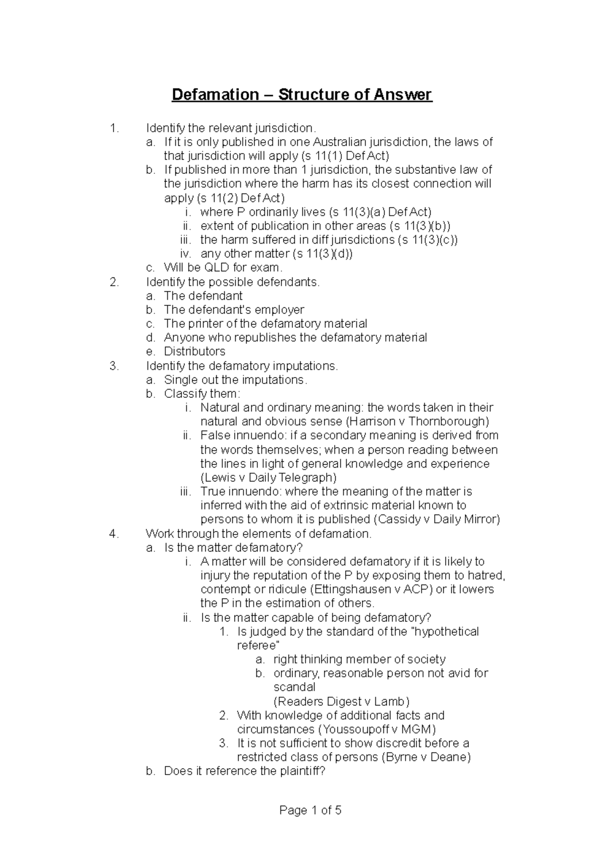 Defamation - NOTES - Defamation – Structure of Answer Identify the ...