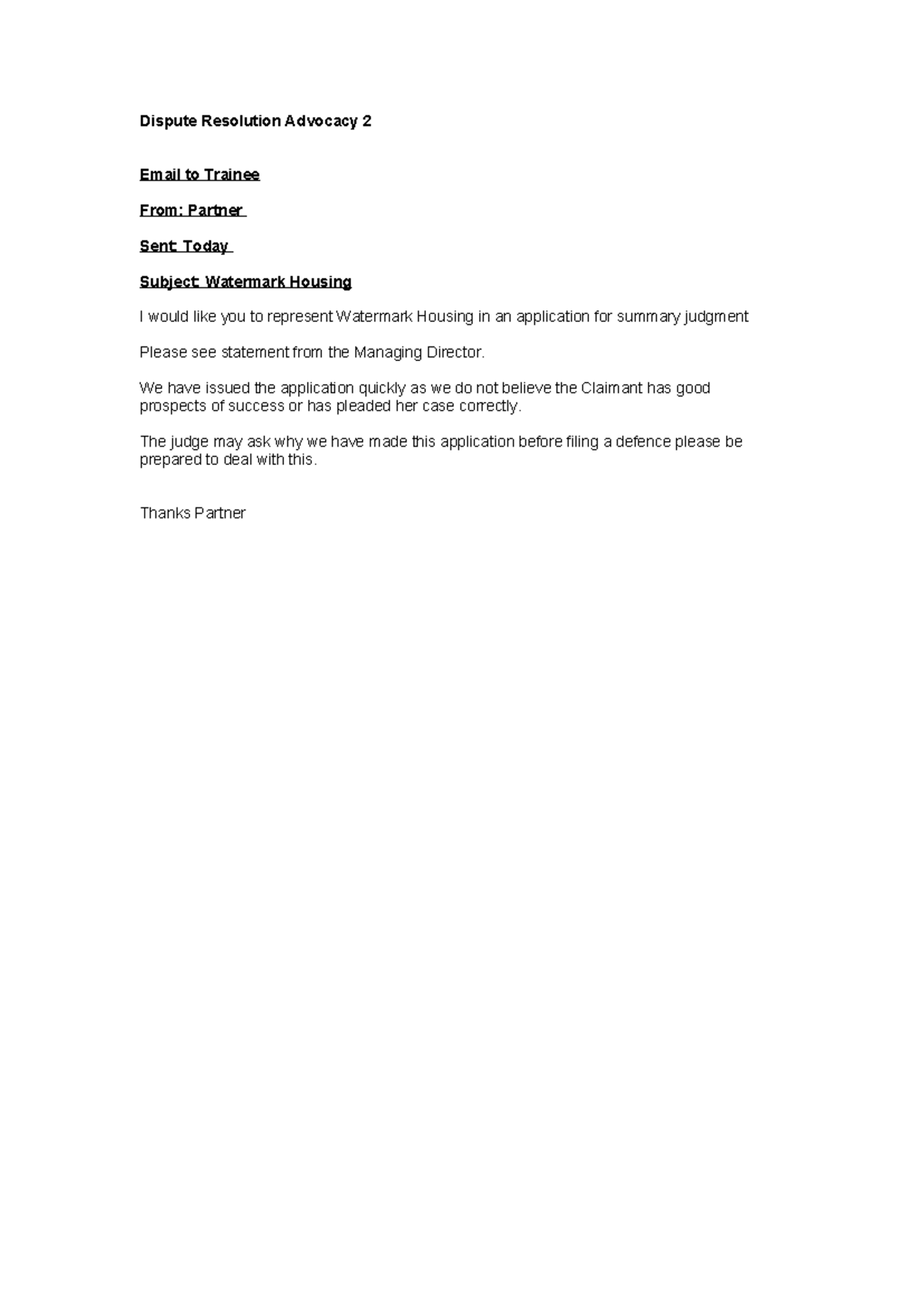 Dispute Resolution Advocacy 2 Memo - Dispute Resolution Advocacy 2 ...