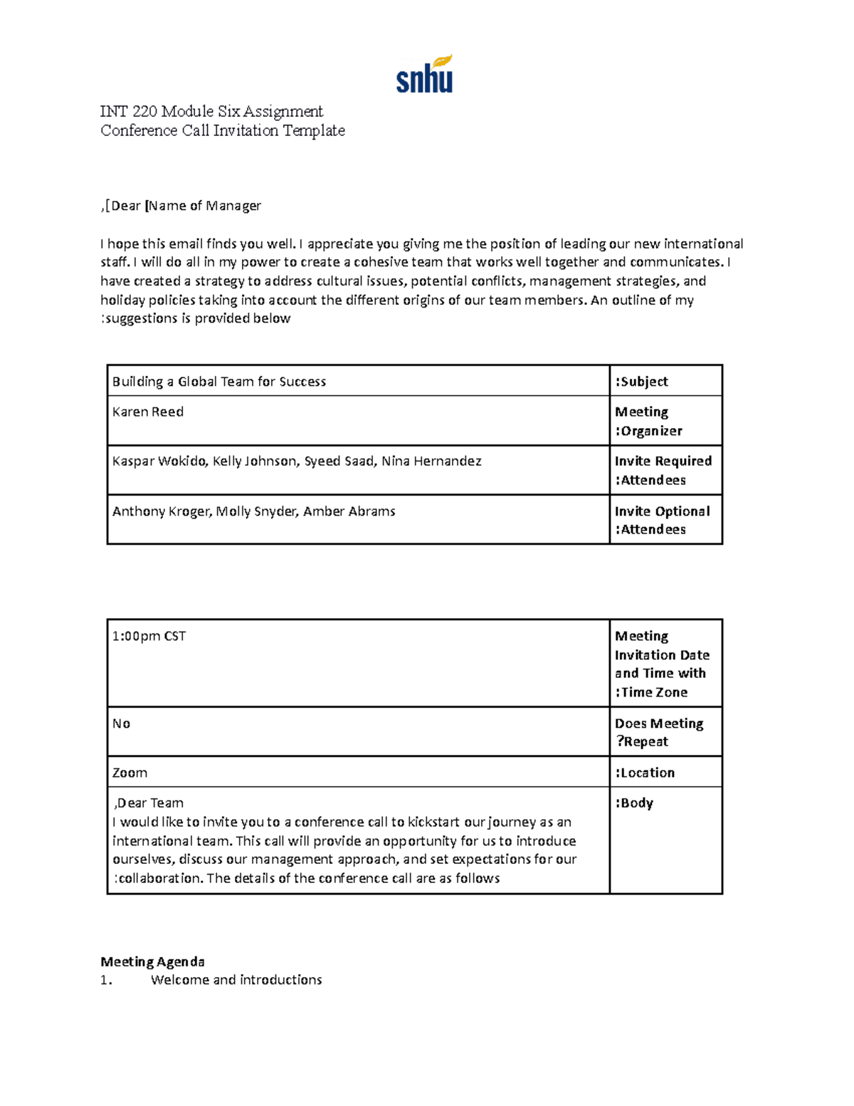 Ref INT 220 Conference Call Invitation KRRTemplate - INT 220 Module Six ...