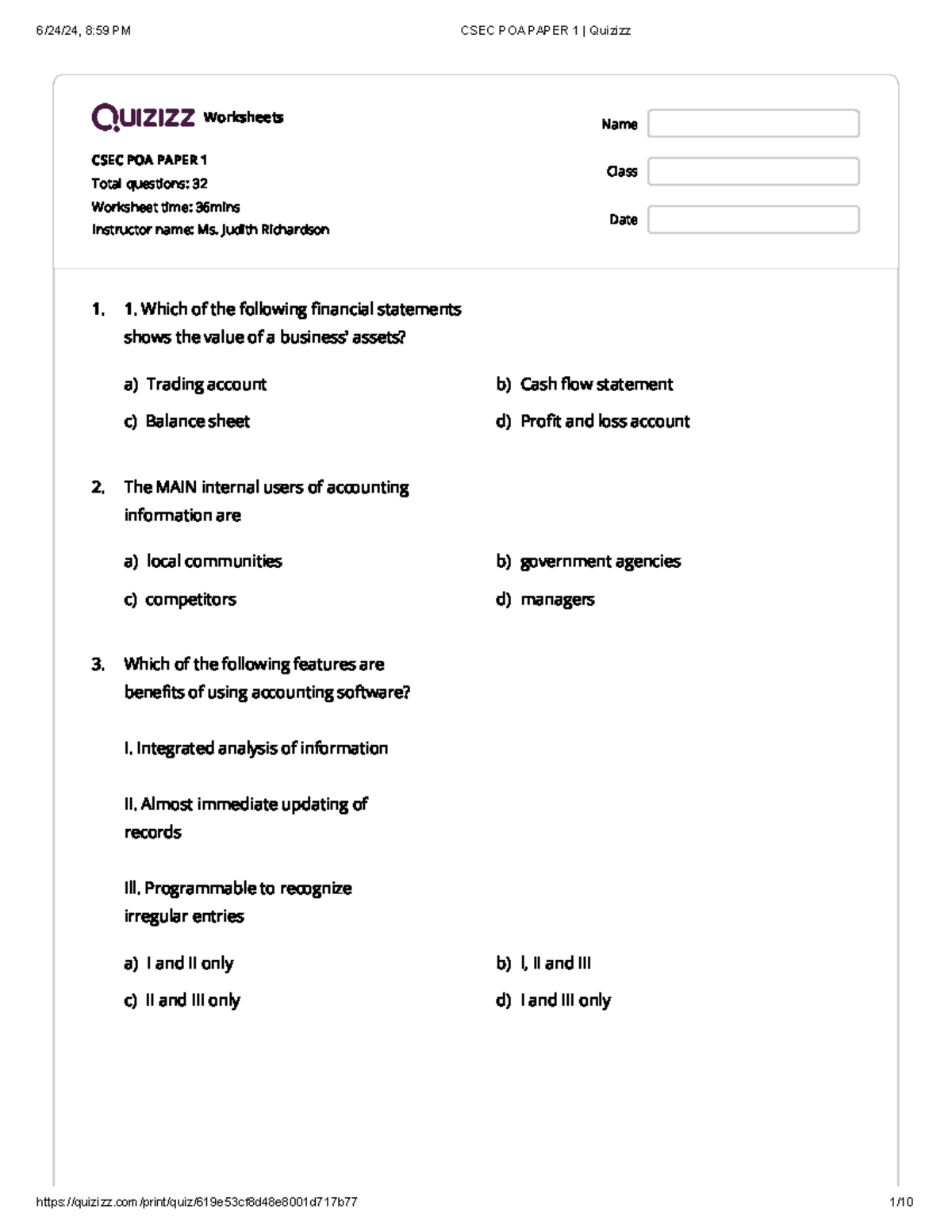 CSEC POA Paper 1 Quizizz - Worksheets CSEC POA PAPER 1 Total questions ...