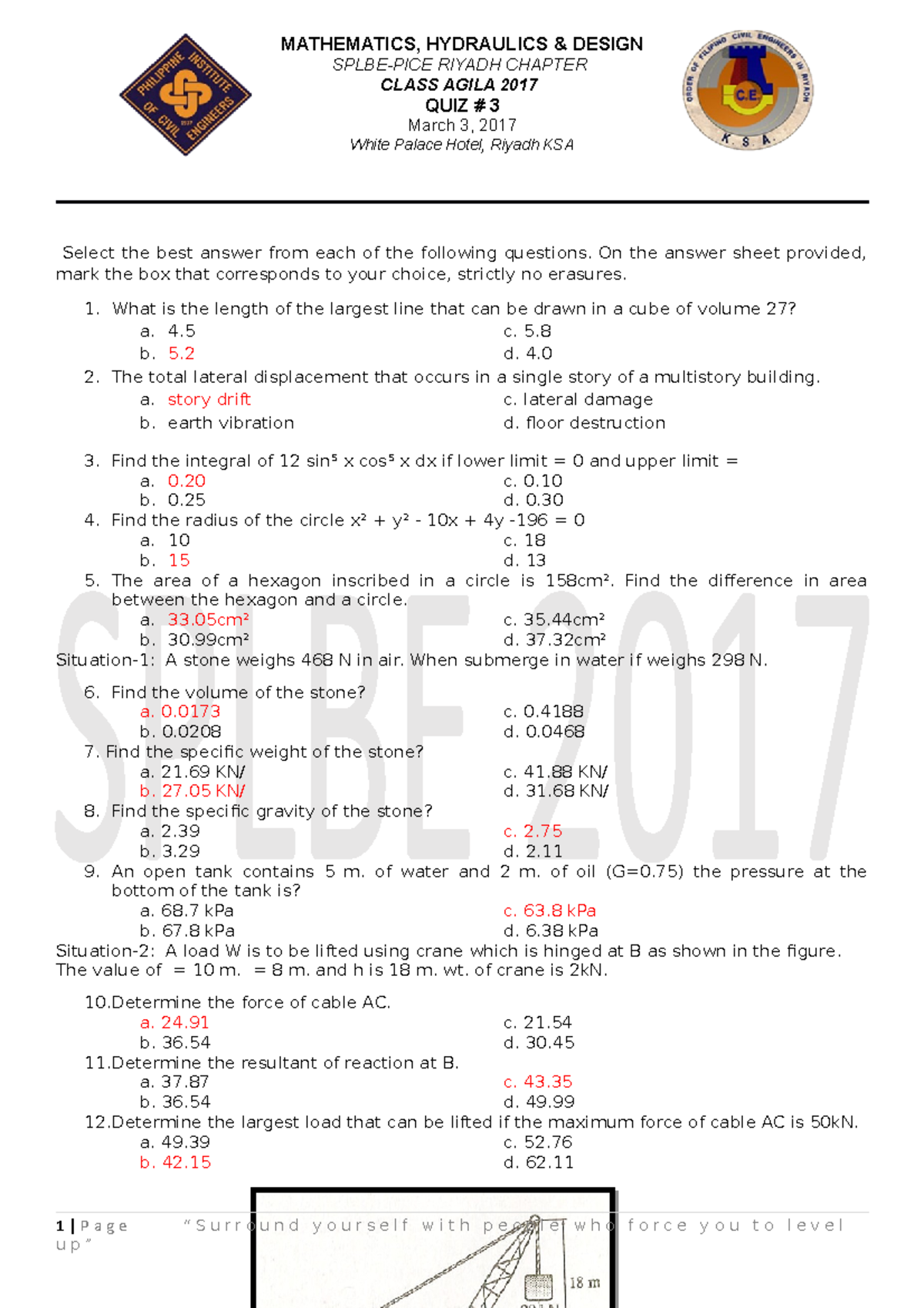 QUIZ#3 Splbe-2017 - For CE Board Exam. - MATHEMATICS, HYDRAULICS ...