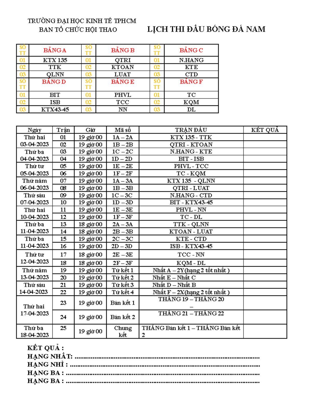 LỊCH THI ĐẤU BÓNG da - Ndjdn - TRƯỜNG ĐẠI HỌC KINH TẾ TPHCM BAN TỔ CHỨC ...
