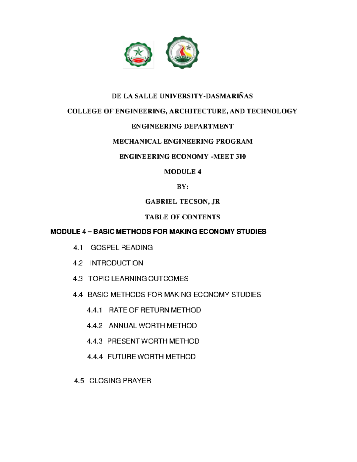 Module 4 and 5 Review - DE LA SALLE UNIVERSITY-DASMARIÑAS COLLEGE OF ...