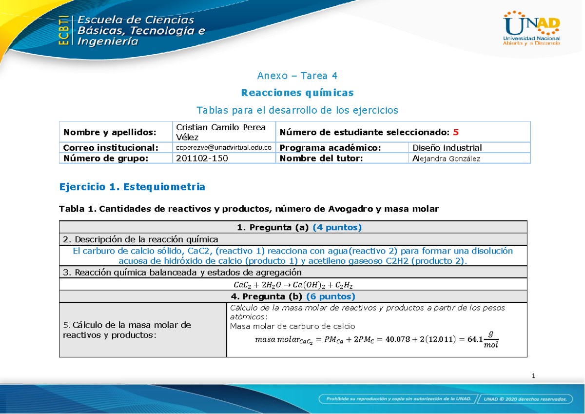 Tarea 4 Cristian Perea Grupo 2011 02-150 - Anexo – Tarea 4 Reacciones químicas Tablas para el ...