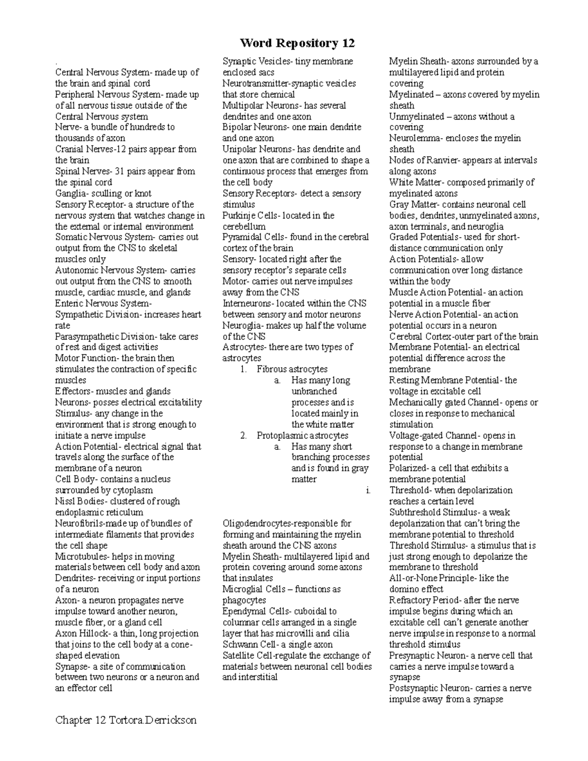 Ch12 Word Repository - Word Repository 12 . Central Nervous System ...